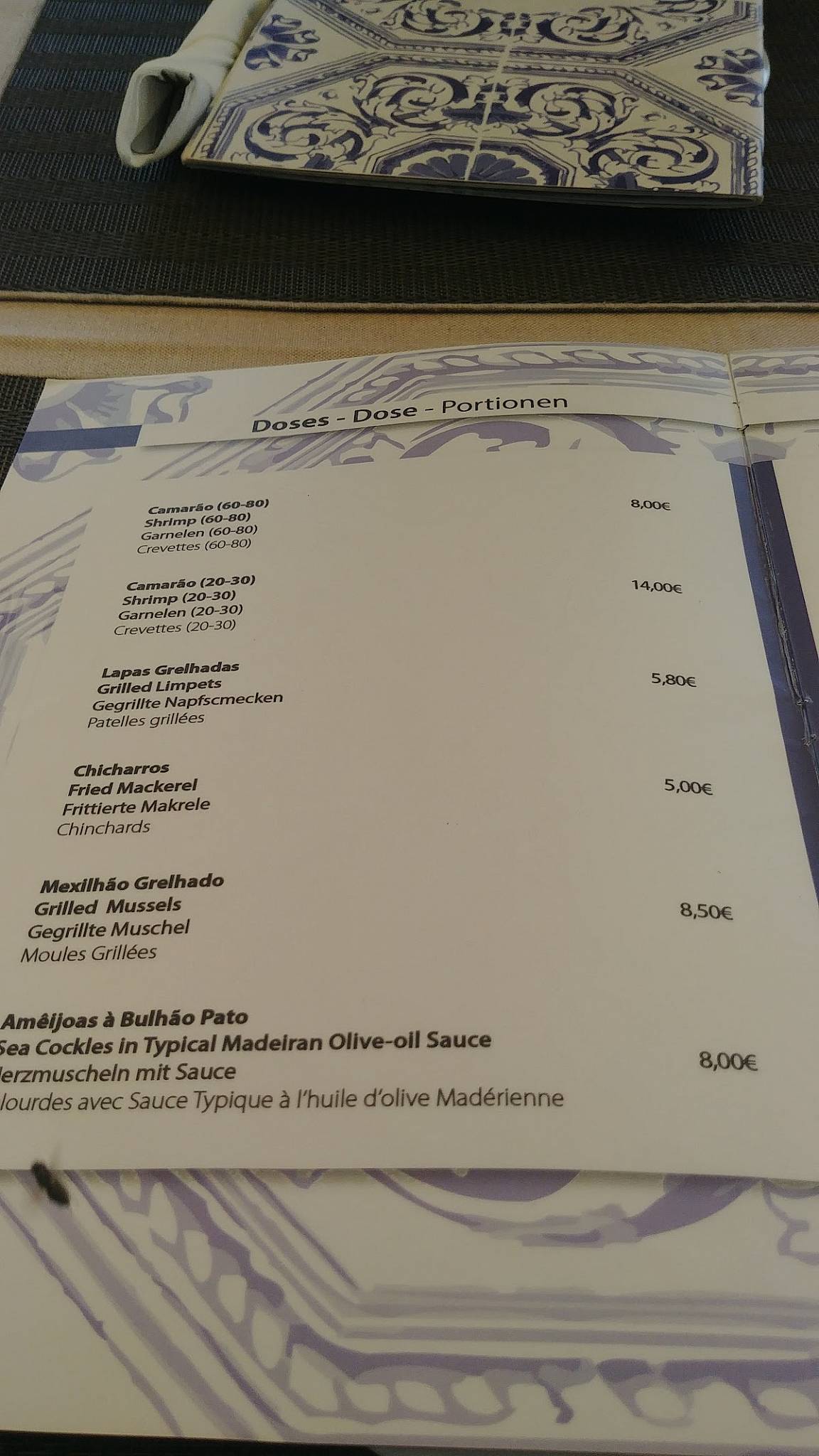 Menu em Restaurante Preia-mar, Madalena do Mar