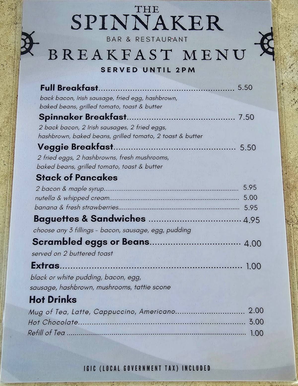 Menu at The Spinnaker Bar & Restaurant, Tías