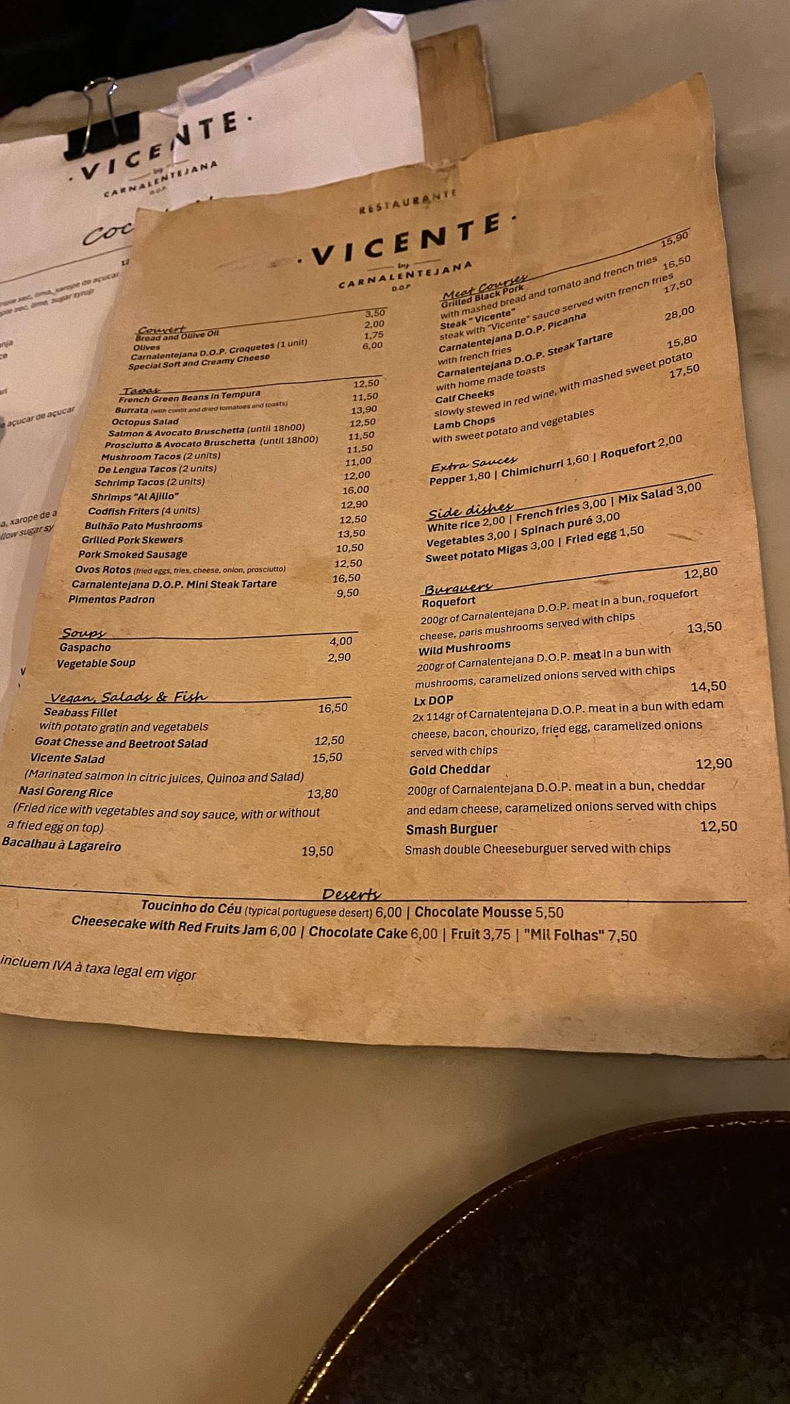 Menu at Restaurante Vicente by Carnalentejana, Lisbon