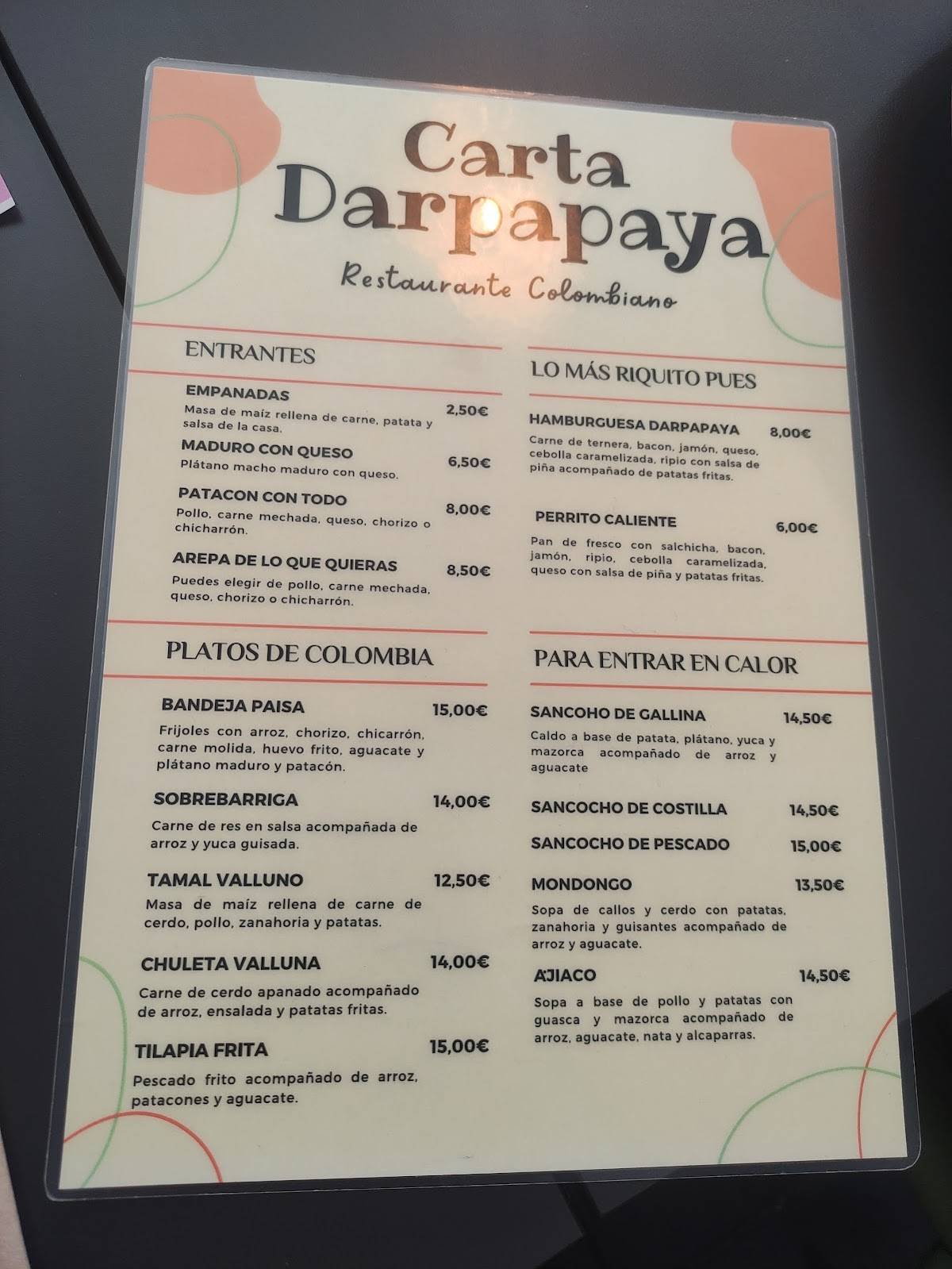 Carta de Darpapaya restaurante colombiano, Madrid