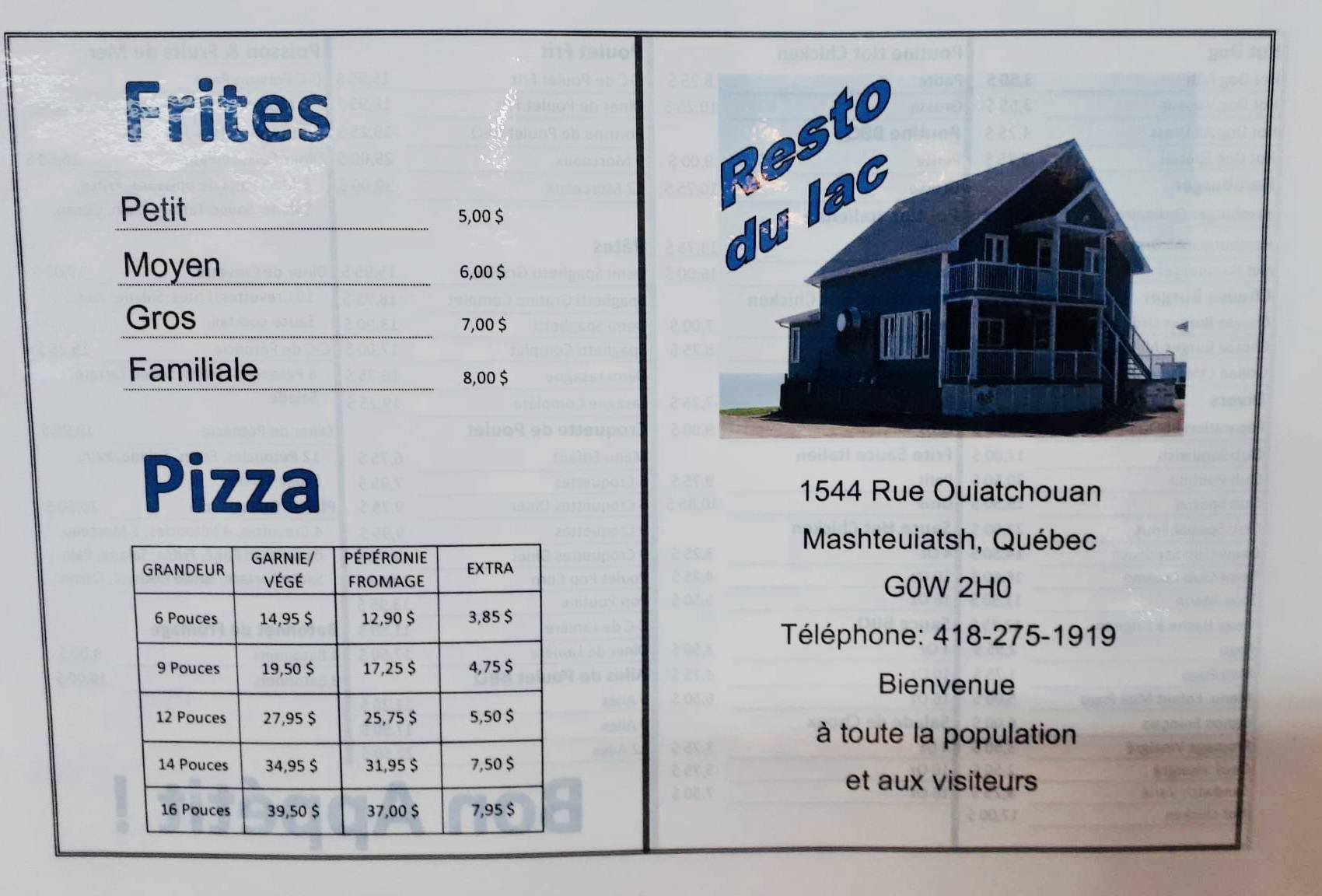 Menu au Resto Du Lac restaurant, Mashteuiatsh