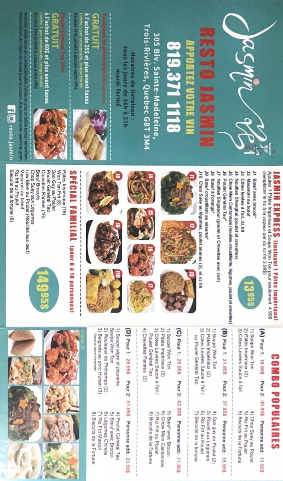 Menu au Resto Jasmin du Cap restaurant, Trois-Rivières
