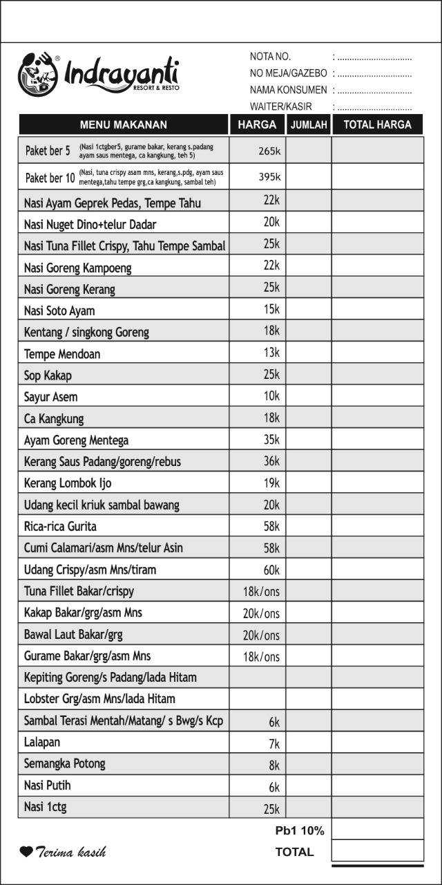 Carta del restaurante Resto Pantai,Indrayanti, Indonesia