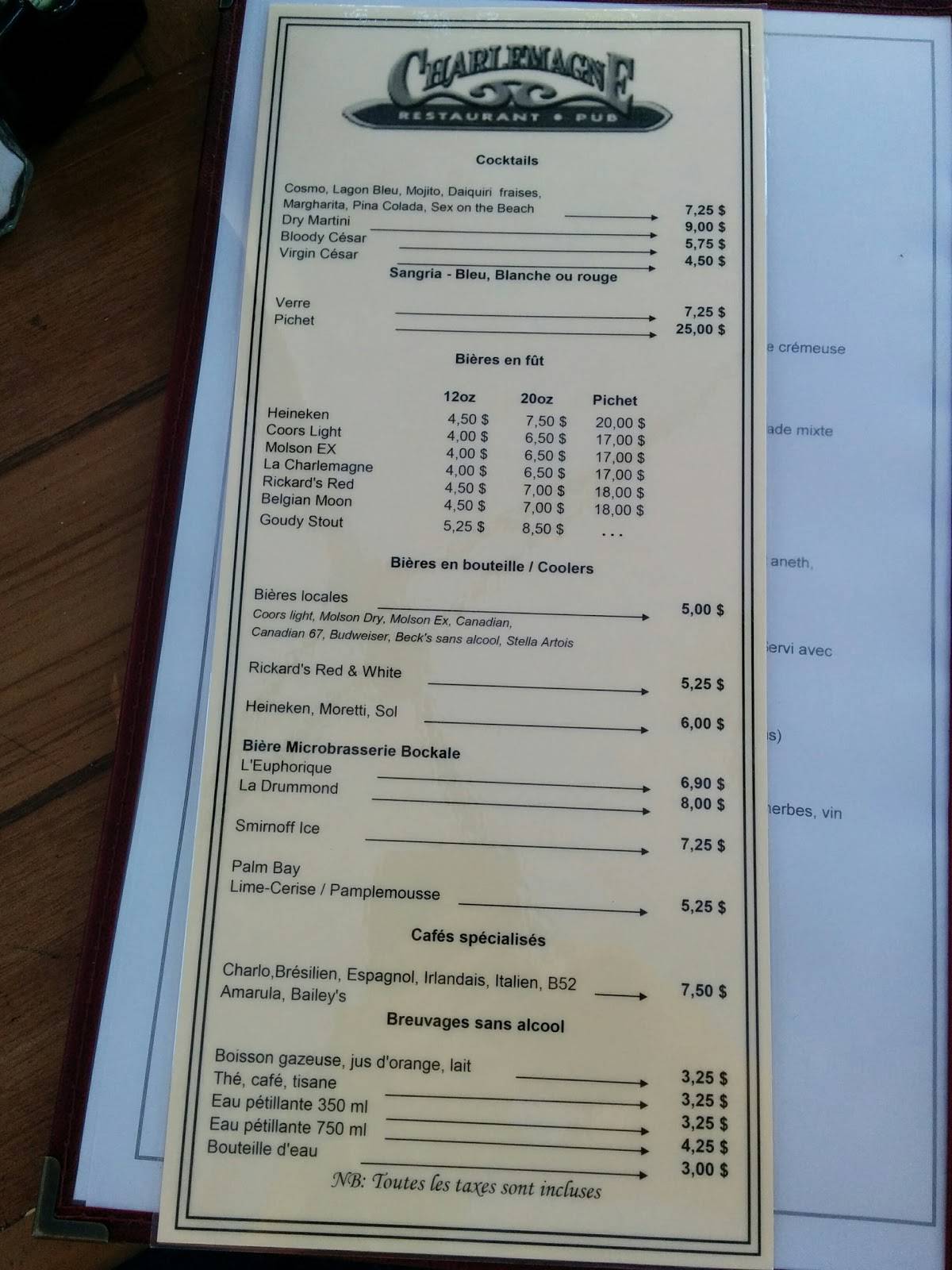 Carta de Resto-Pub Le Charlemagne, Drummondville