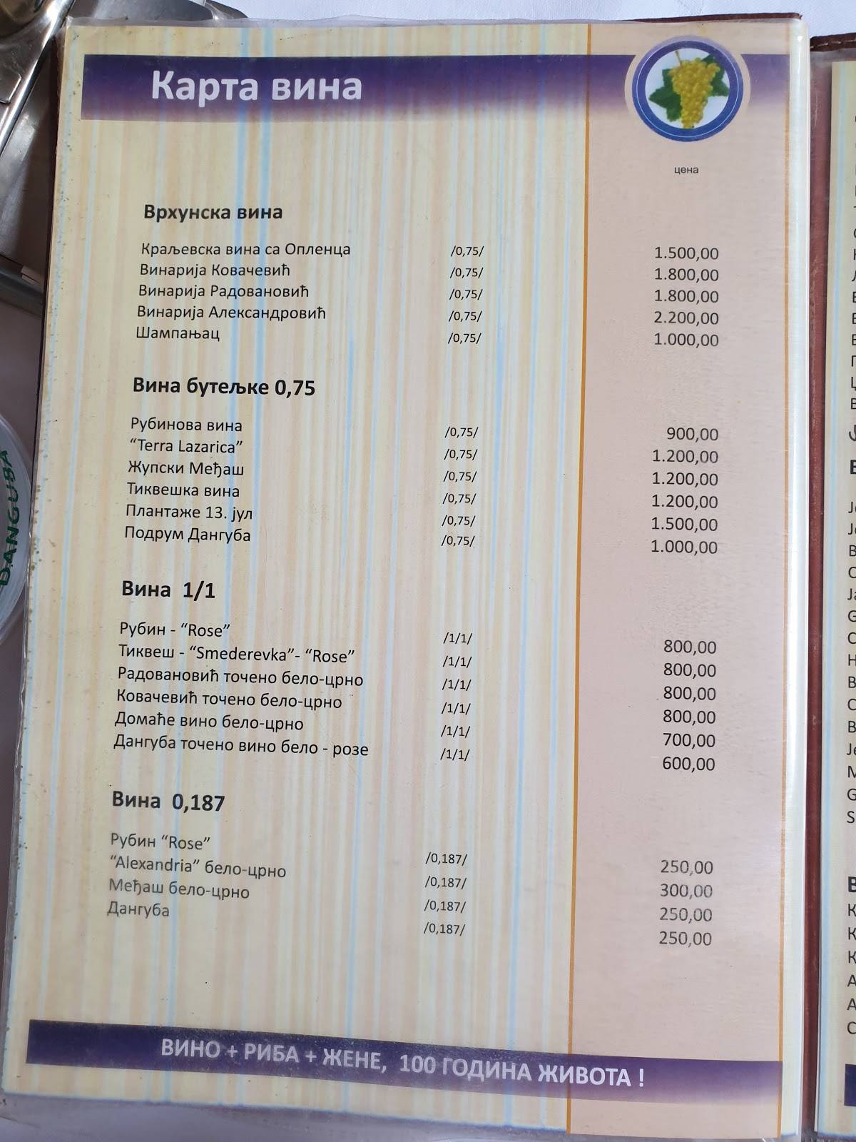 Menu at Restoran ČAČANIN restaurant, Belgrade