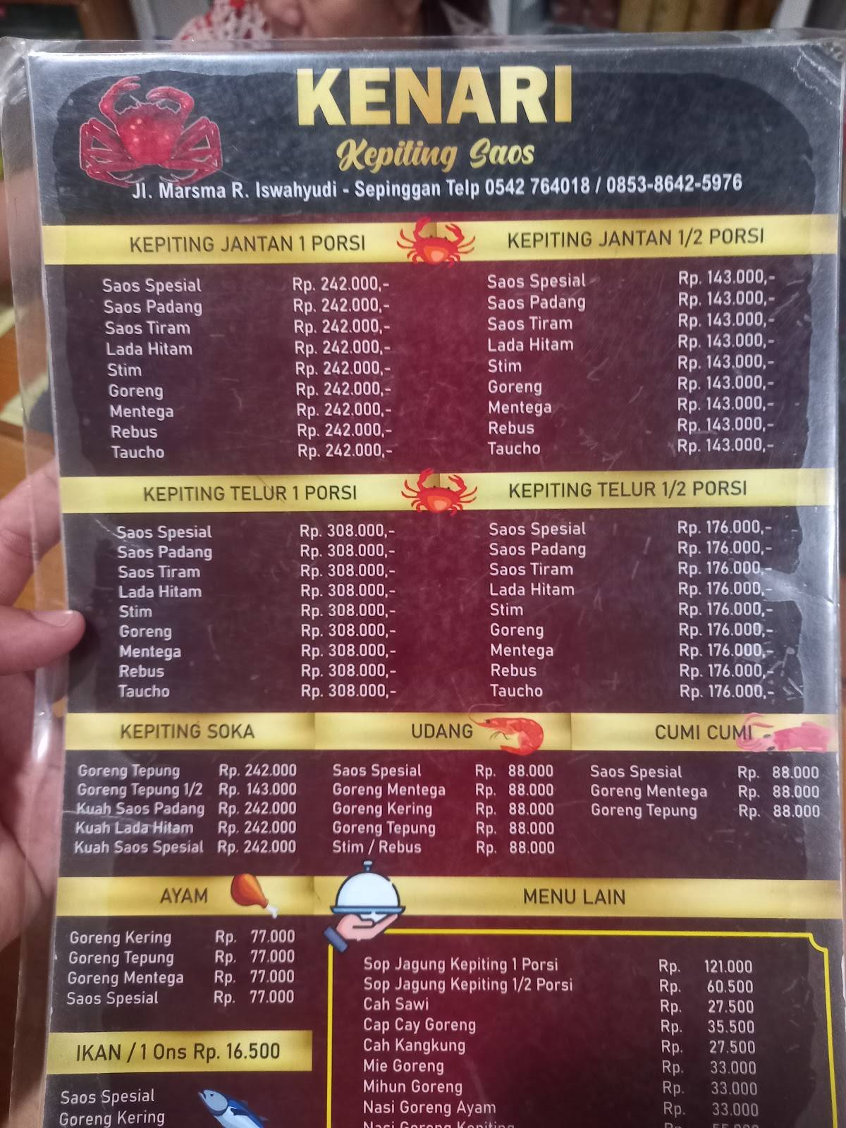 Menu at Restoran Kepiting Kenari restaurant, Balikpapan, Jl. Marsma R ...