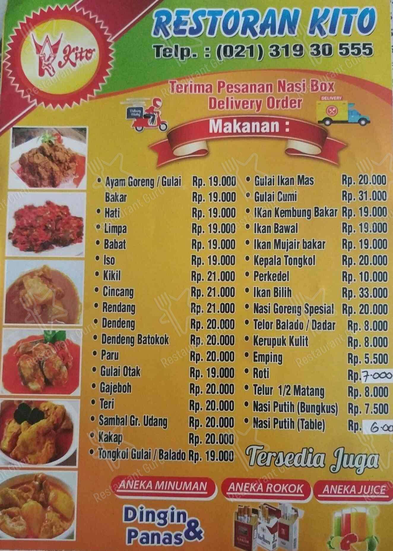 Menu at Restoran Kito (Hotel Mega Proklamasi) restaurant, Central Jakarta