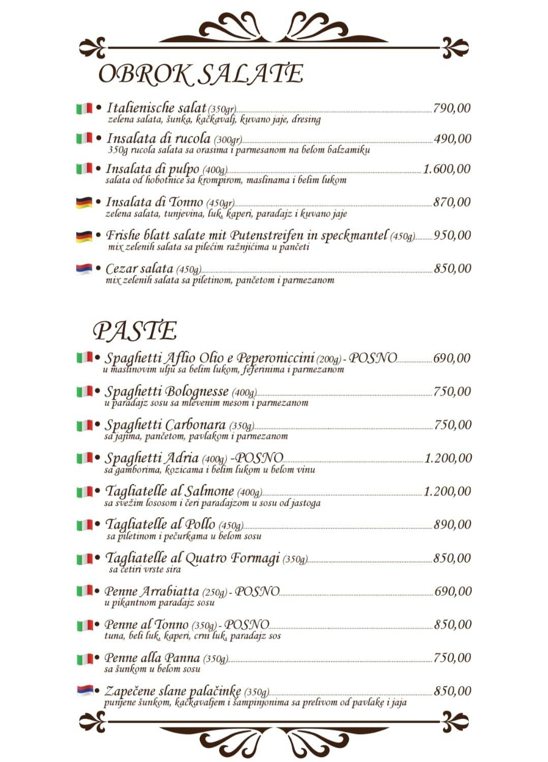 Menu at Restoran Romansa restaurant, Kruševac