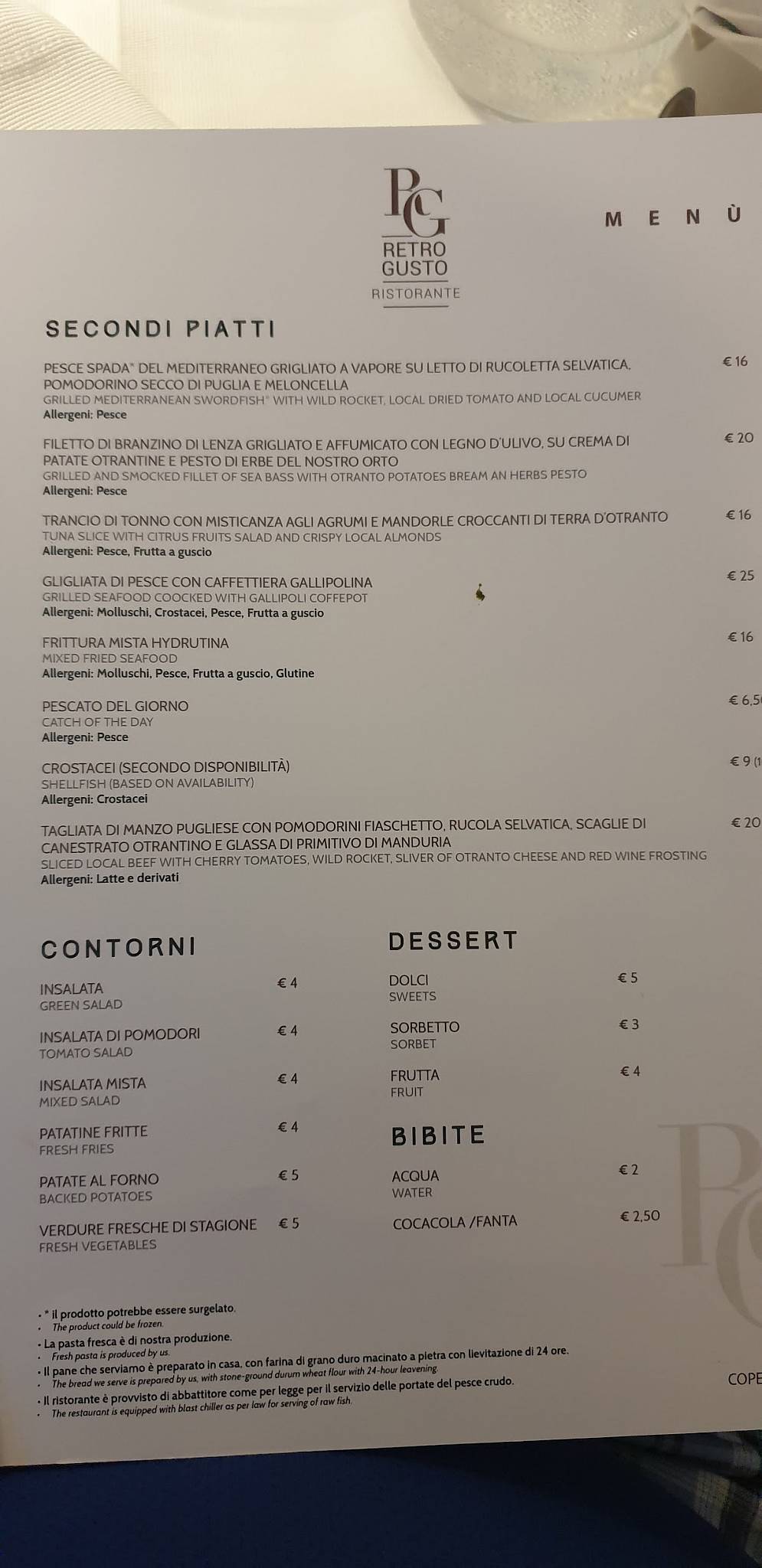 Menu at Retro Gusto restaurant, Otranto