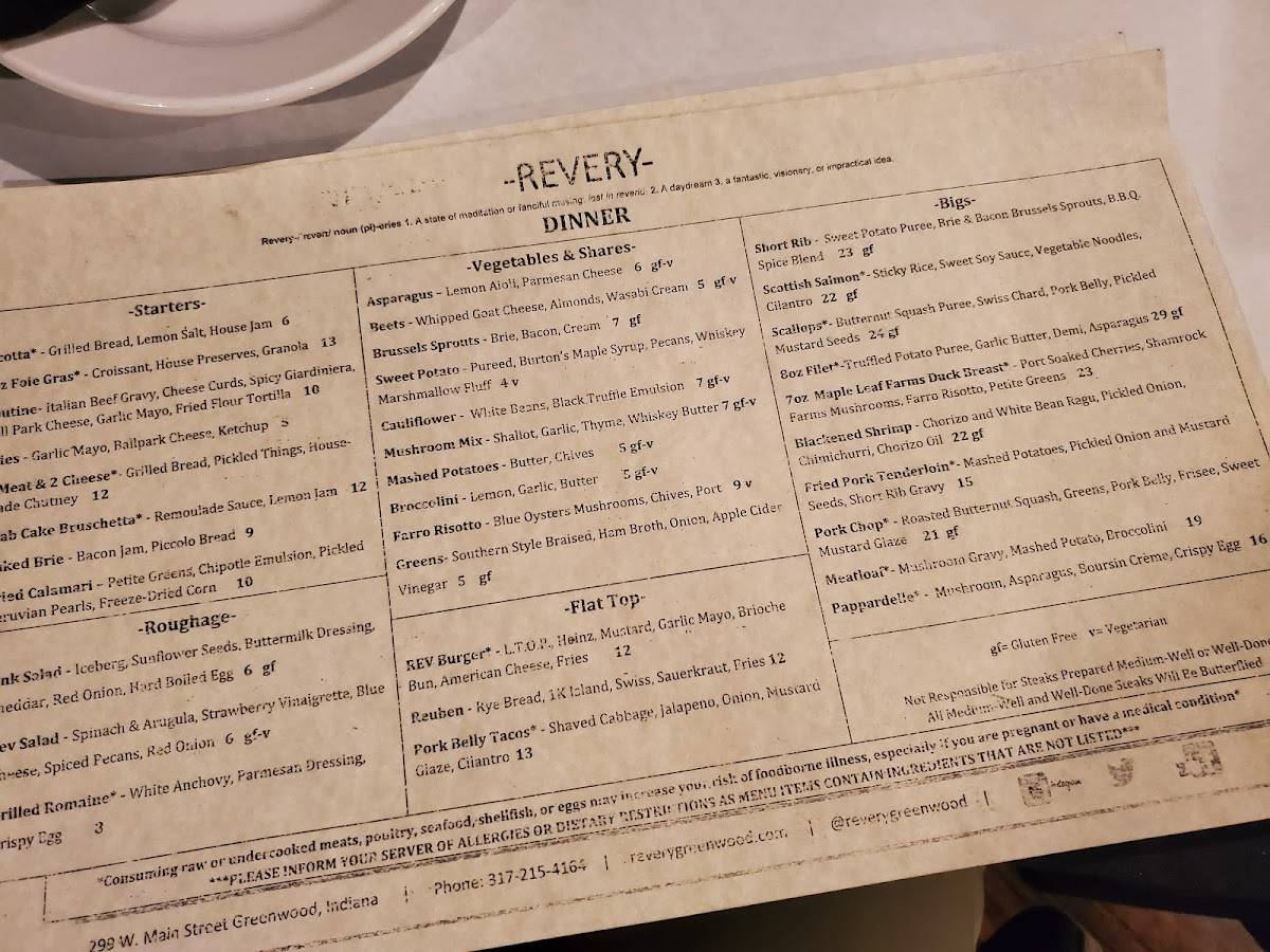 Menu at Revery restaurant, Greenwood