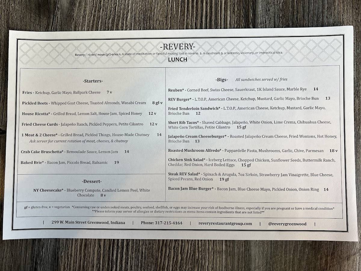 Carta del restaurante Revery, Greenwood
