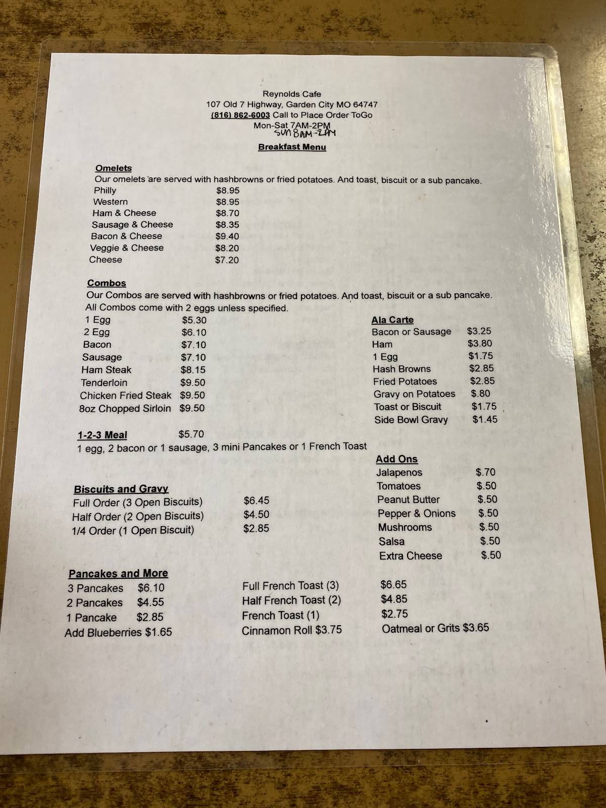 Menu at Reynolds Cafe, Garden City