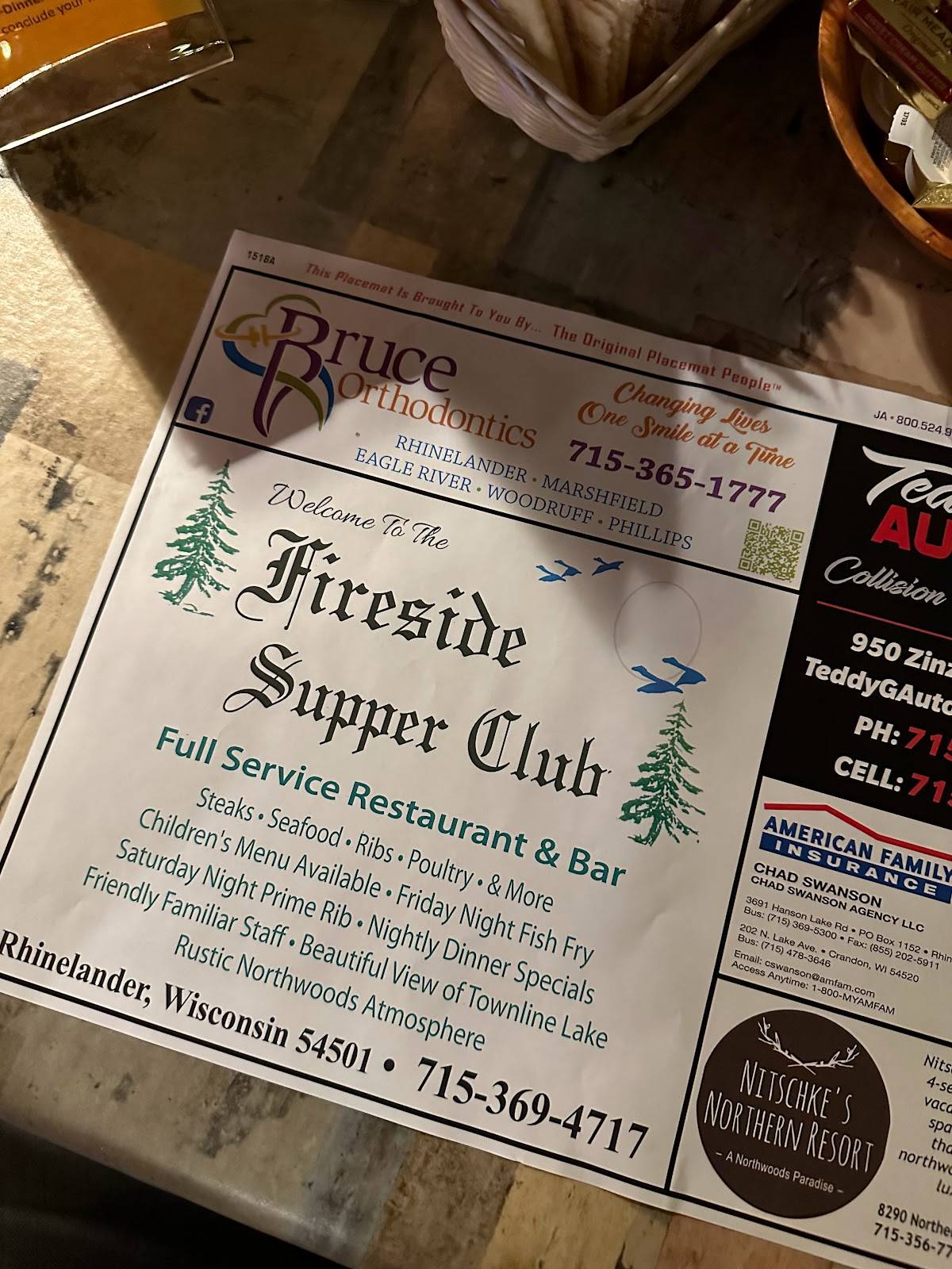 Menu at Fireside Supper Club, Rhinelander