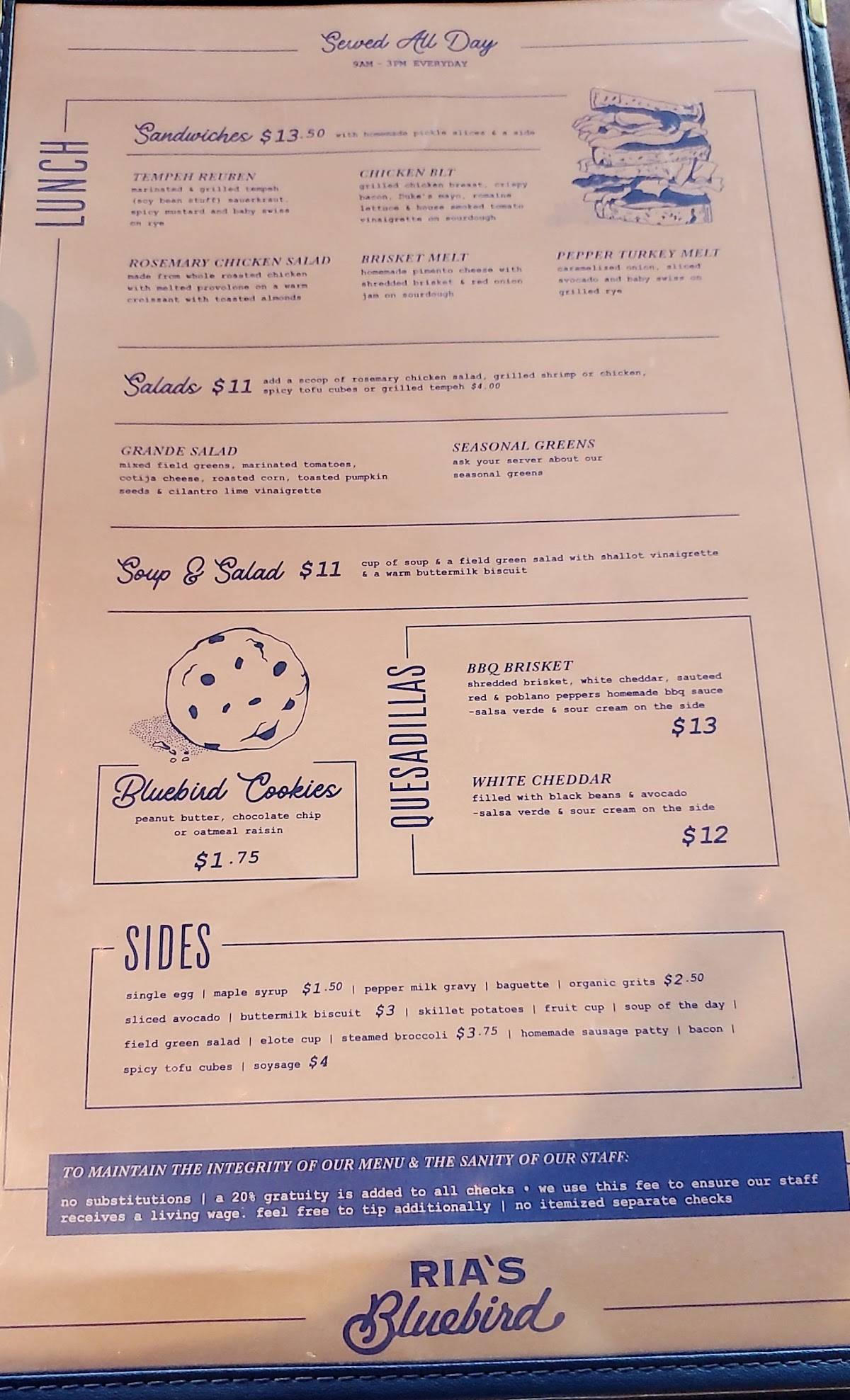 Menu at Ria's Bluebird restaurant, Atlanta