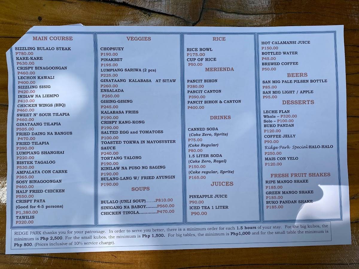 Menu at Ridge Park Kainan sa Kubo restaurant, Tagaytay, 3WXW+X75