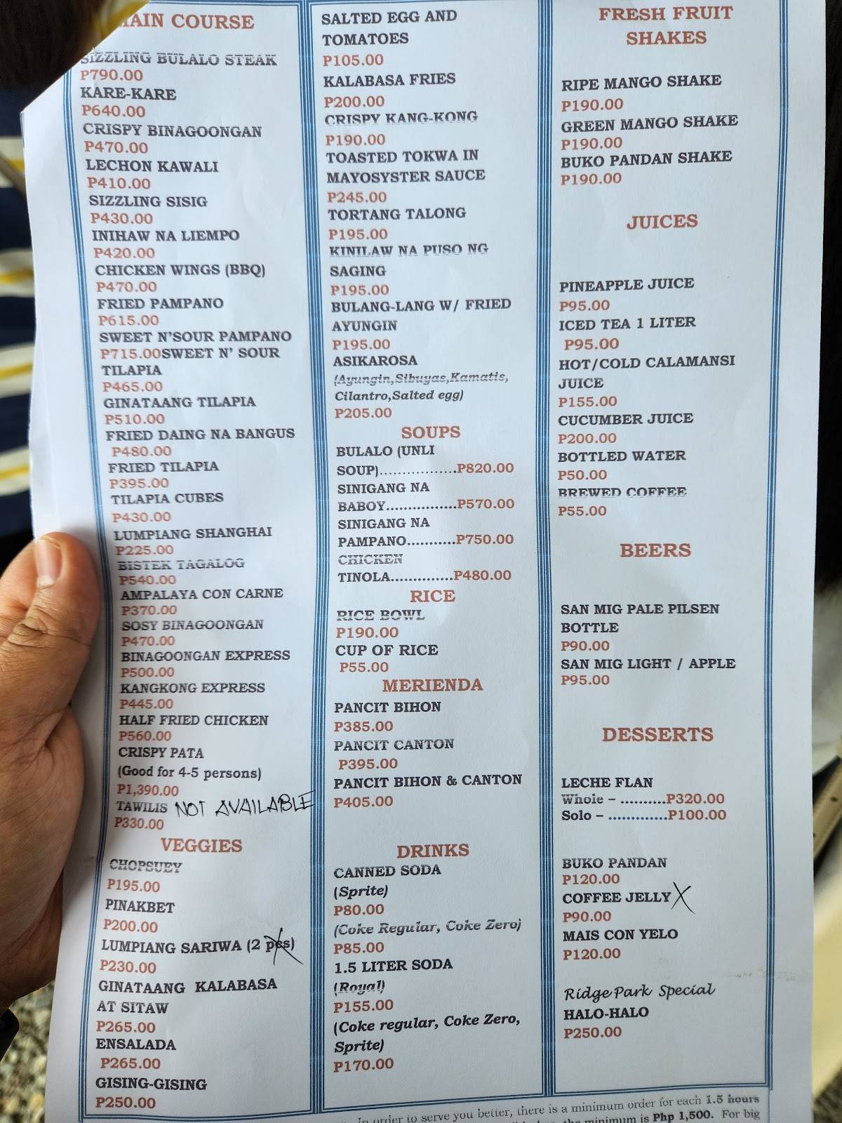 Menu at Ridge Park Kainan sa Kubo restaurant, Tagaytay, 3WXW+X75