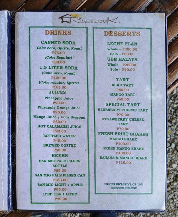 Menu at Ridge Park Kainan sa Kubo restaurant, Tagaytay, 3WXW+X75