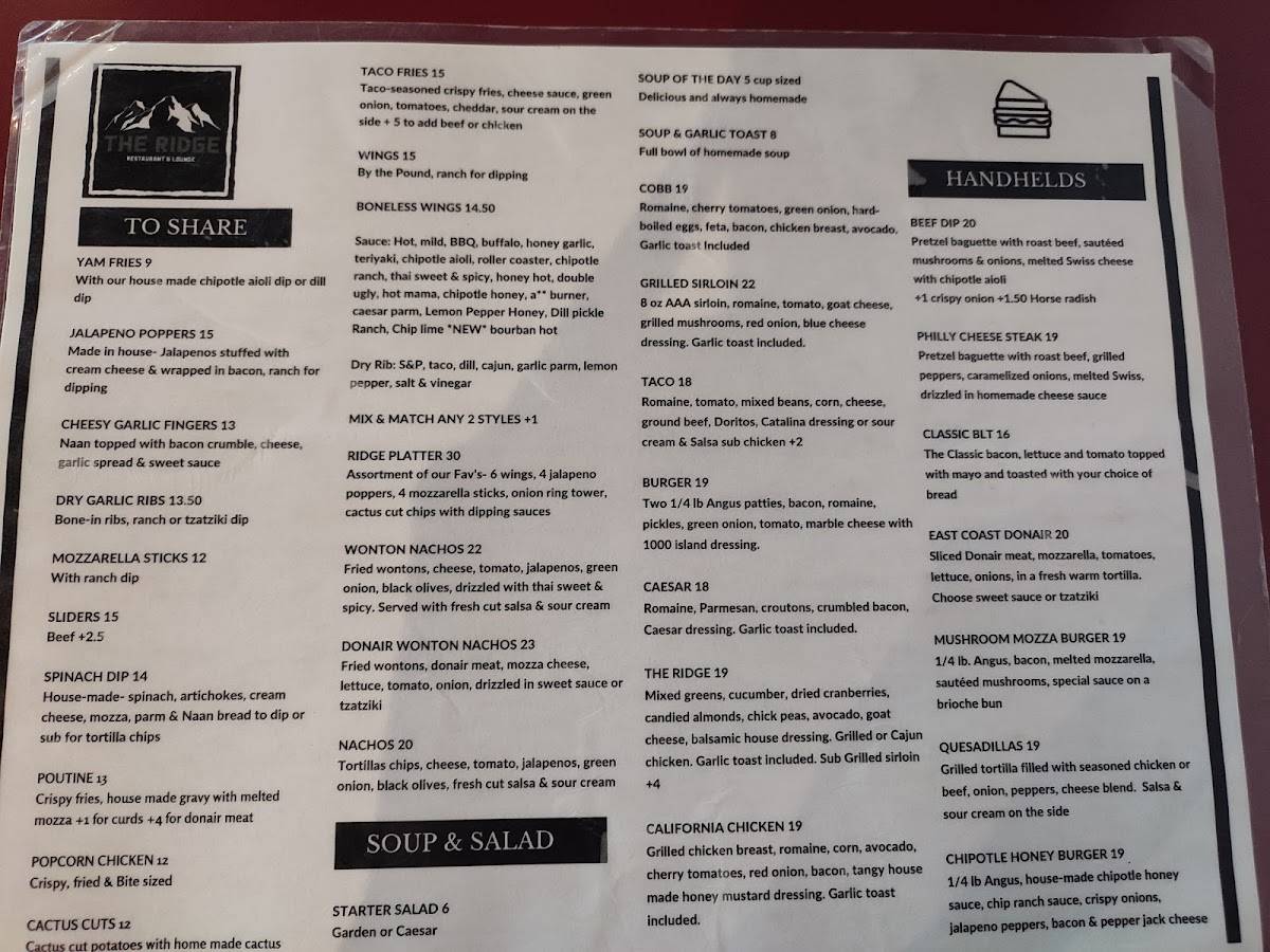 Menu at The Ridgeview Restaurant & Lounge, Grande Cache