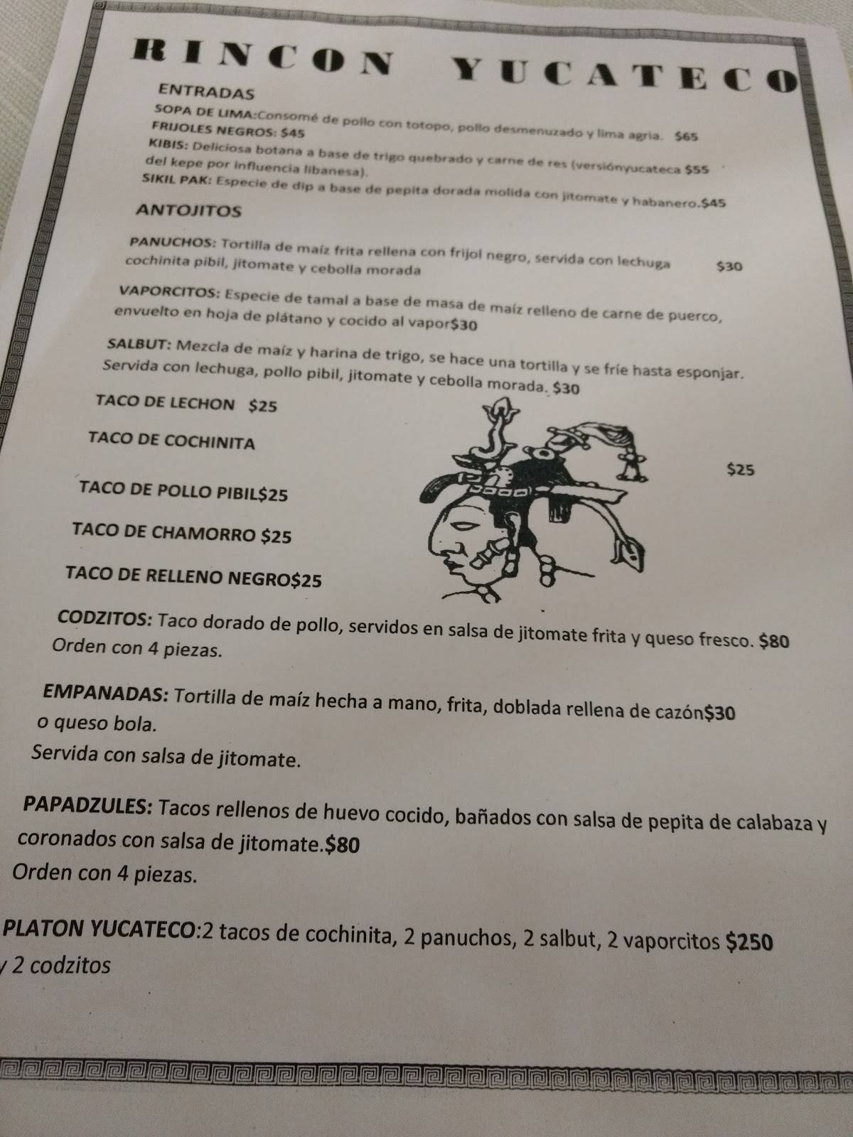 Carta del restaurante Rincón Yucateco, Zapopan