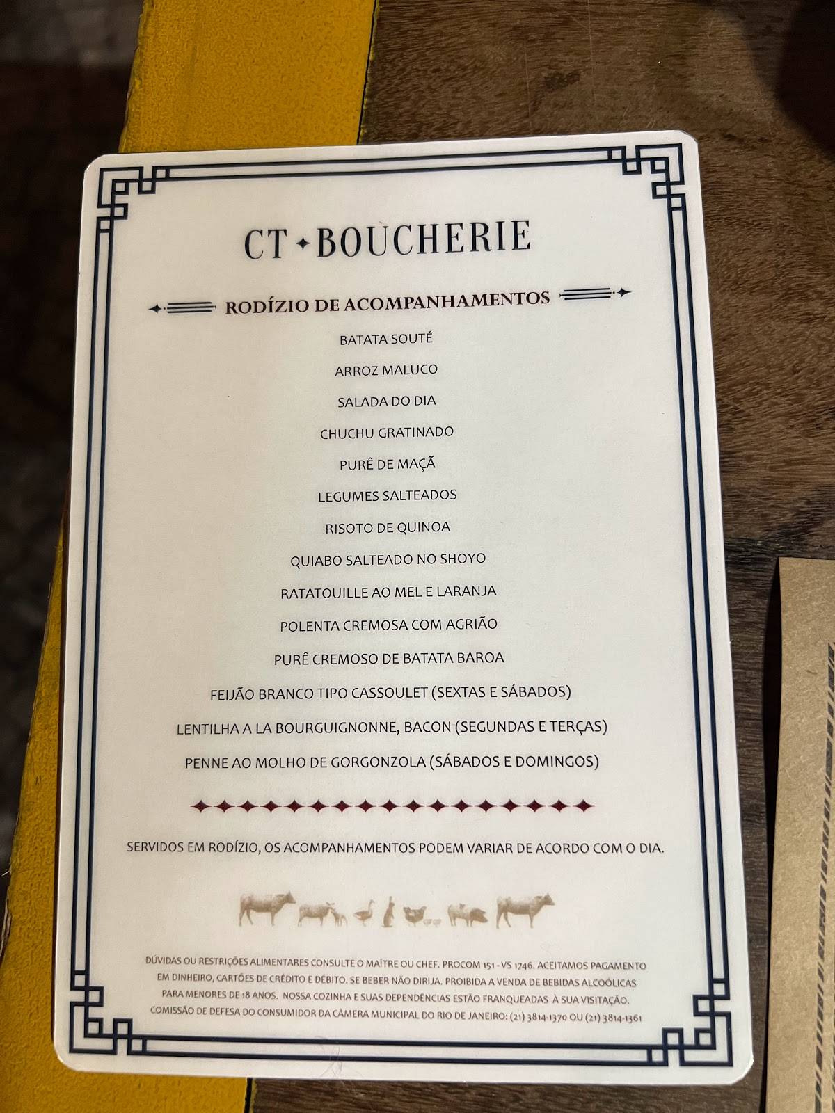 Menu em CT Boucherie churrascaria, Rio de Janeiro, Rua Dias Ferreira