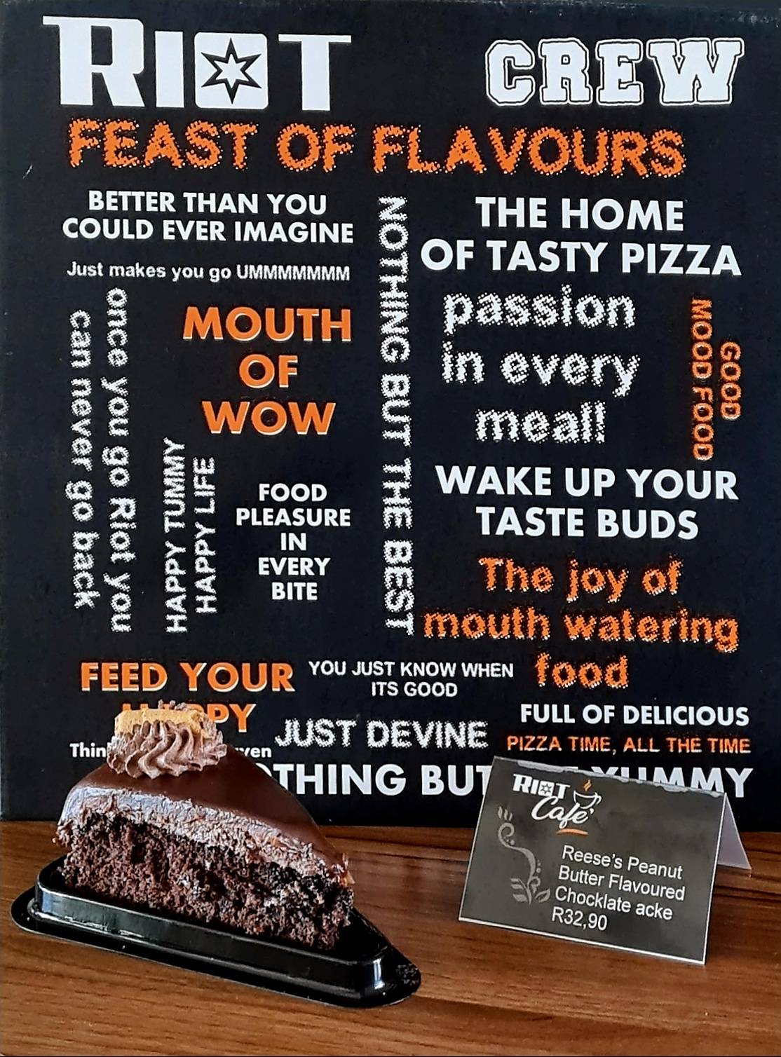 Menu at Riot Pizza manufacturing restaurant, Port Elizabeth