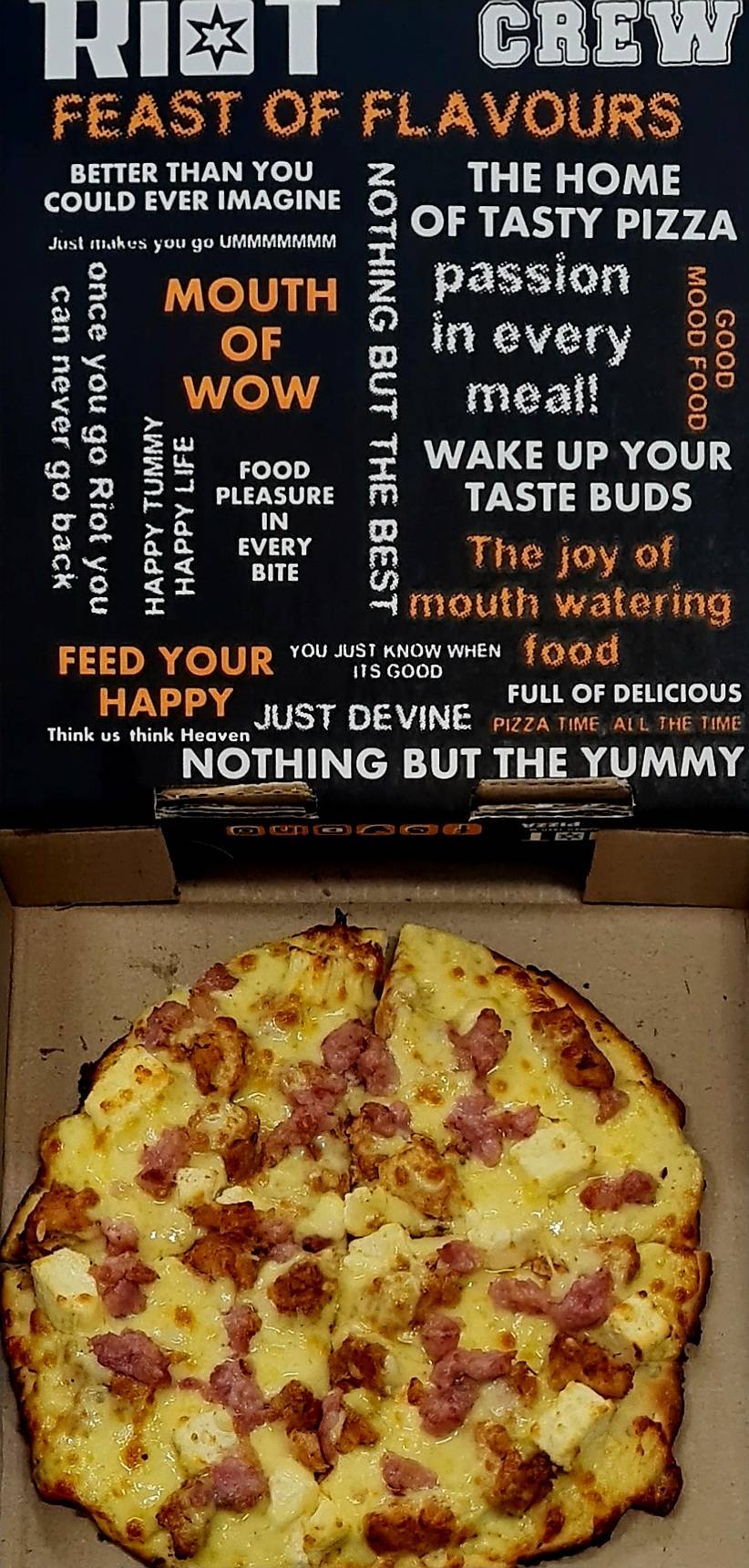 Menu at Riot Pizza manufacturing restaurant, Port Elizabeth