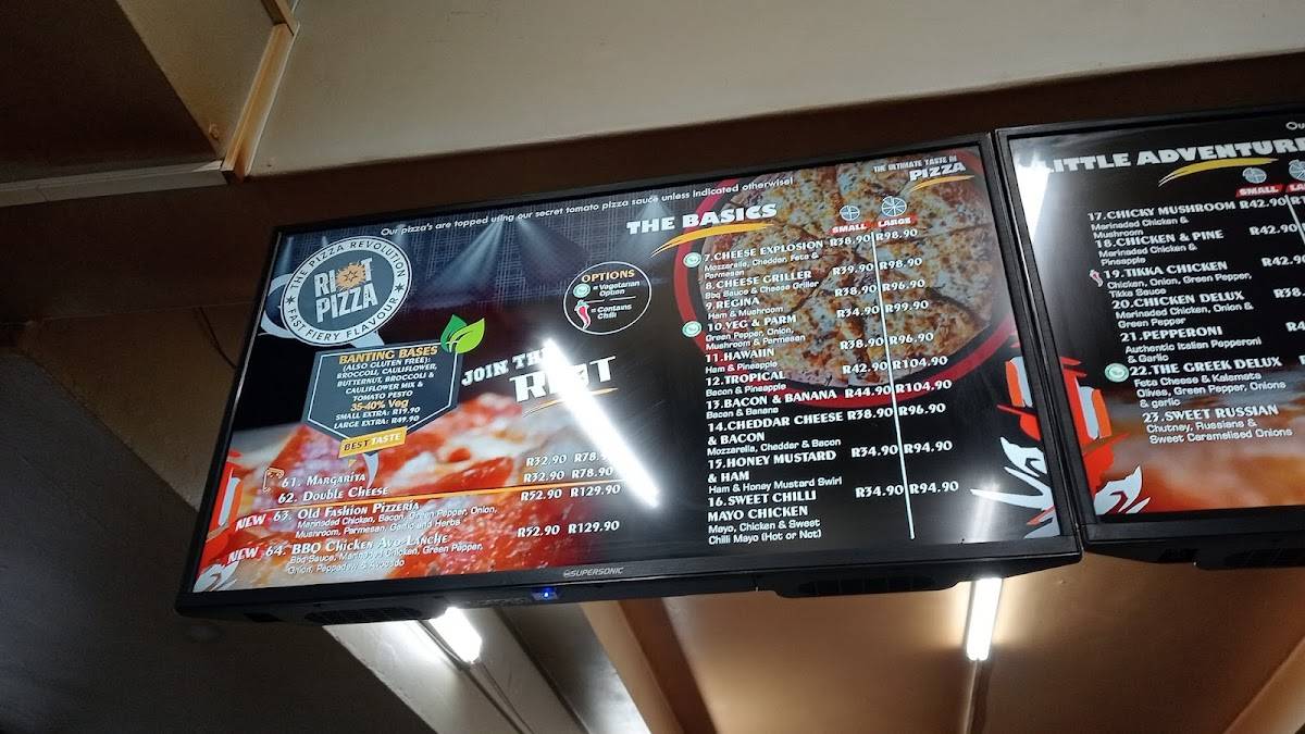 Menu at Riot Pizza manufacturing restaurant, Port Elizabeth