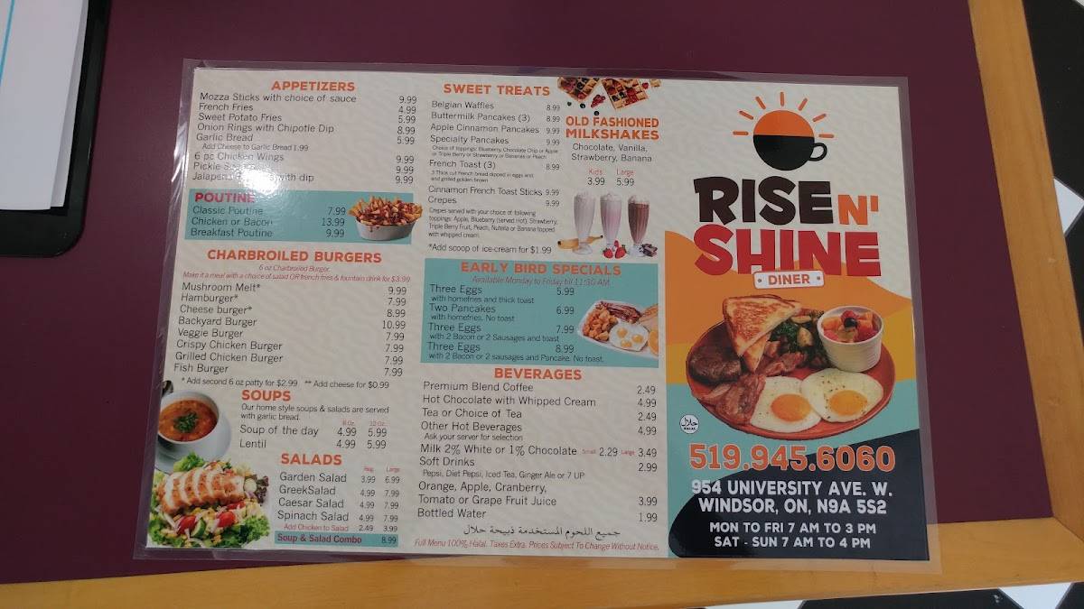 Menu at Rise N' Shine Diner restaurant, Windsor