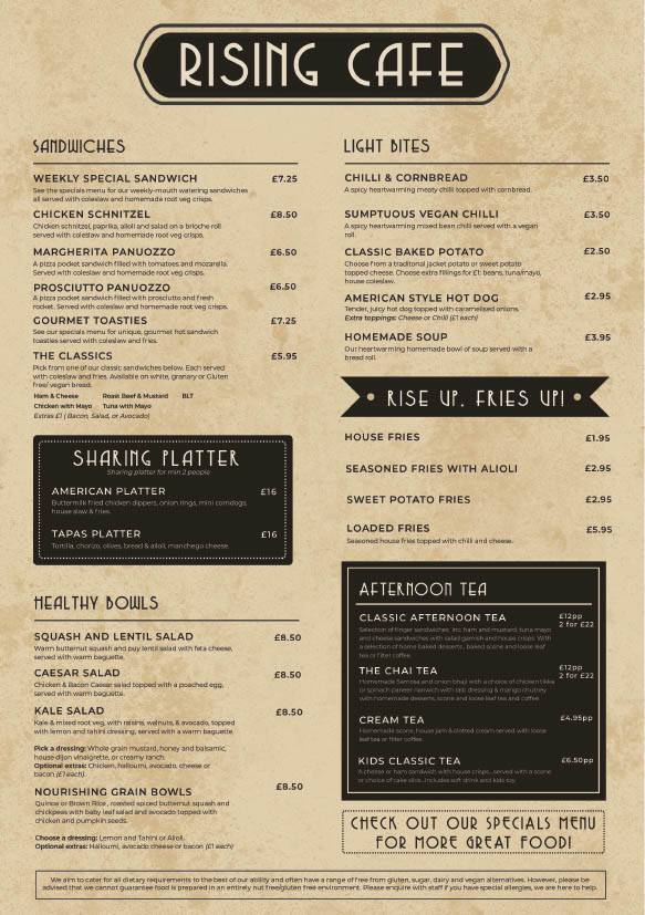 Menu at Rising Cafe, Birmingham