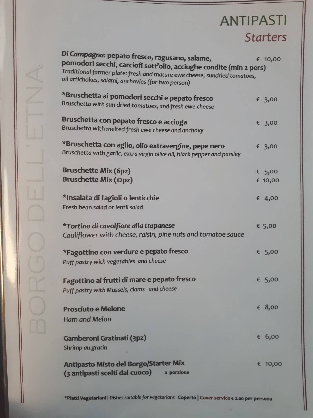 Speisekarte von Ristorante Borgo dell'Etna, Giarre