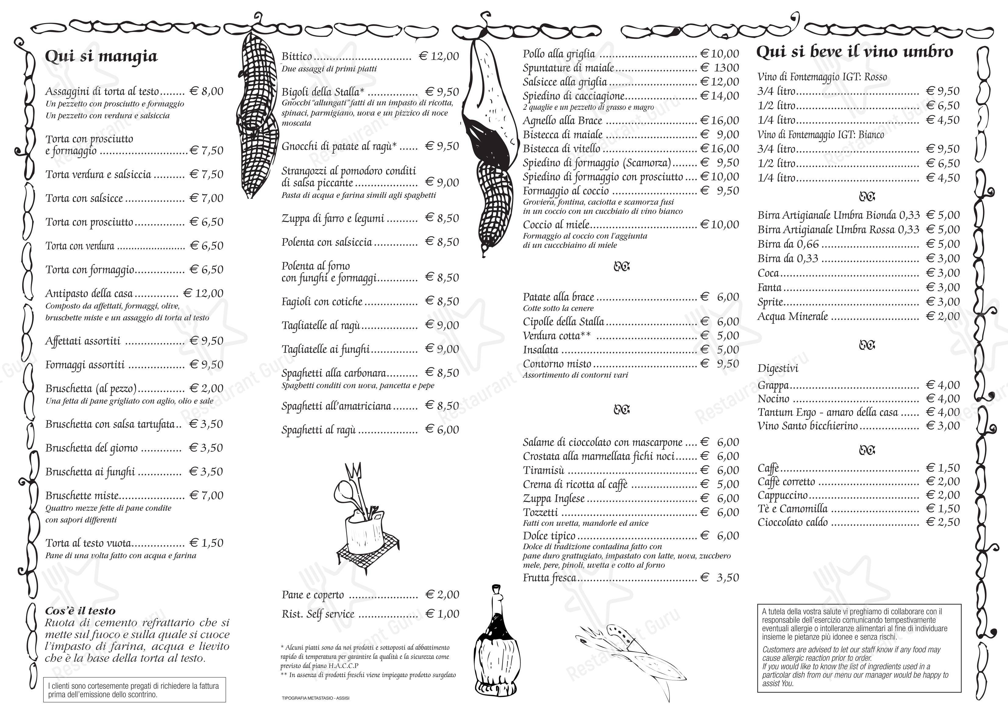 Menu at Ristorante La Stalla, Assisi