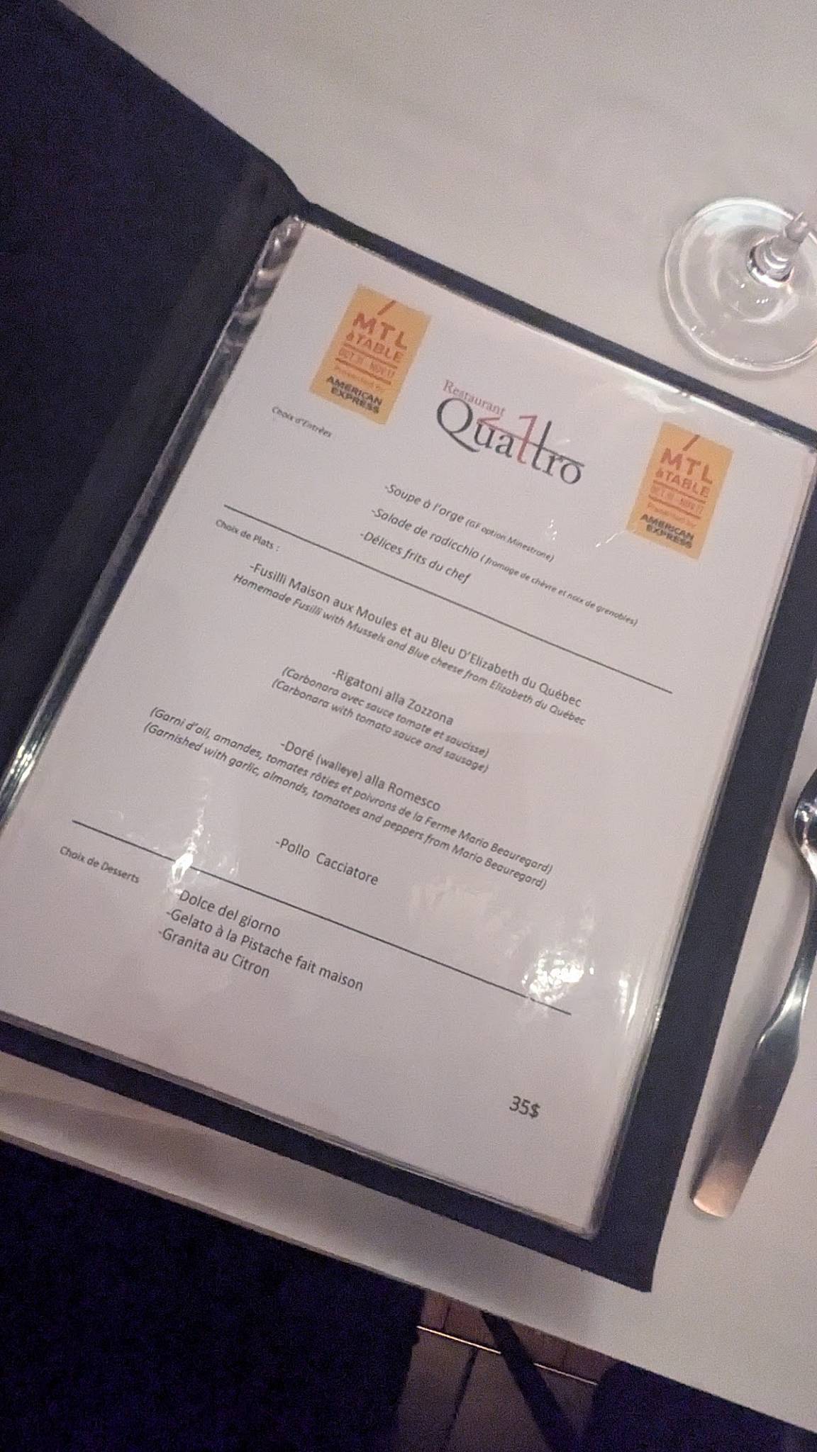 Menu at Ristorante Quattro restaurant, Montréal, 17 Notre-Dame St W