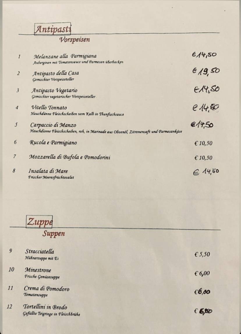 Menu at Ristorante Santa Lucia restaurant, Heidelberg