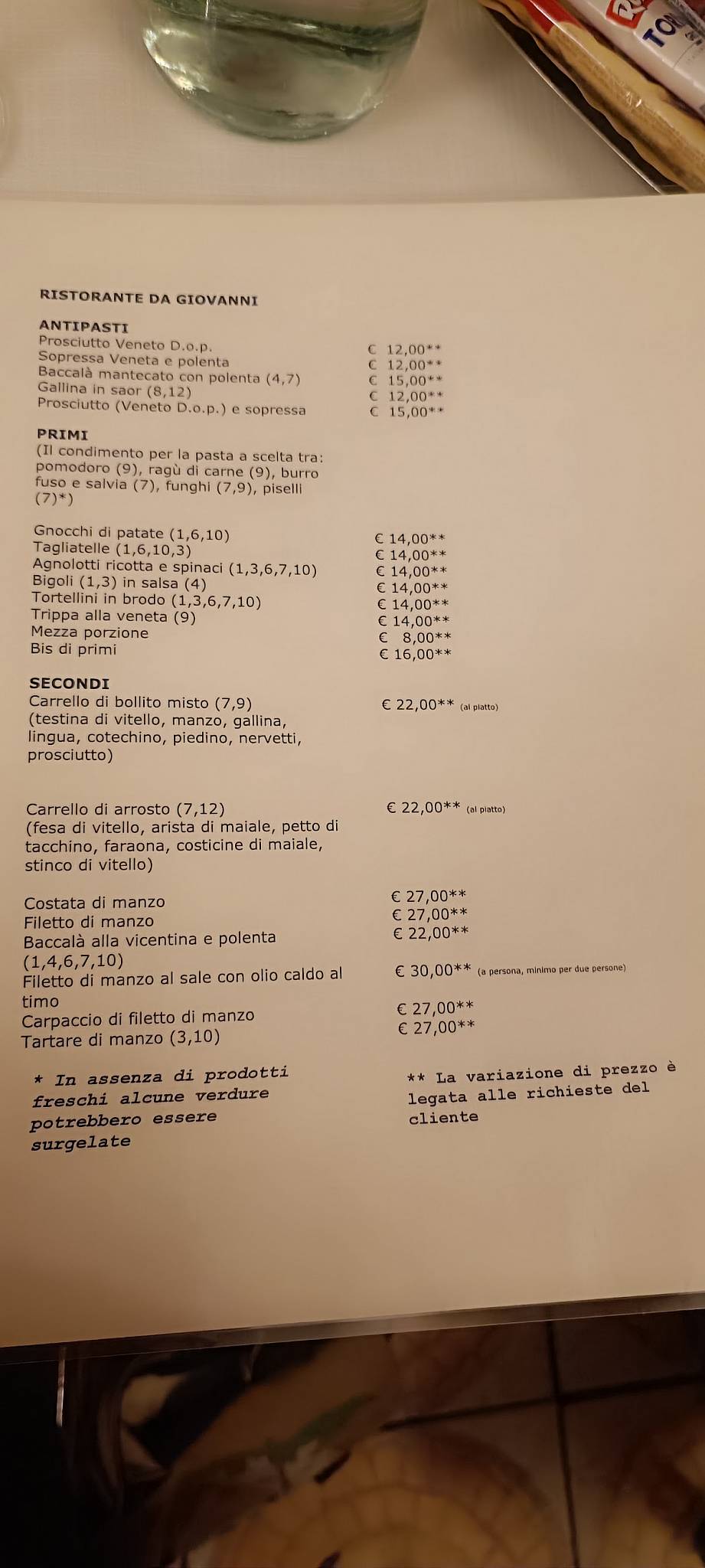 Menu da Ristorante Da Giovanni, Padova