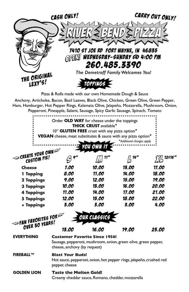 Menu at River Bend Pizza pizzeria, Fort Wayne
