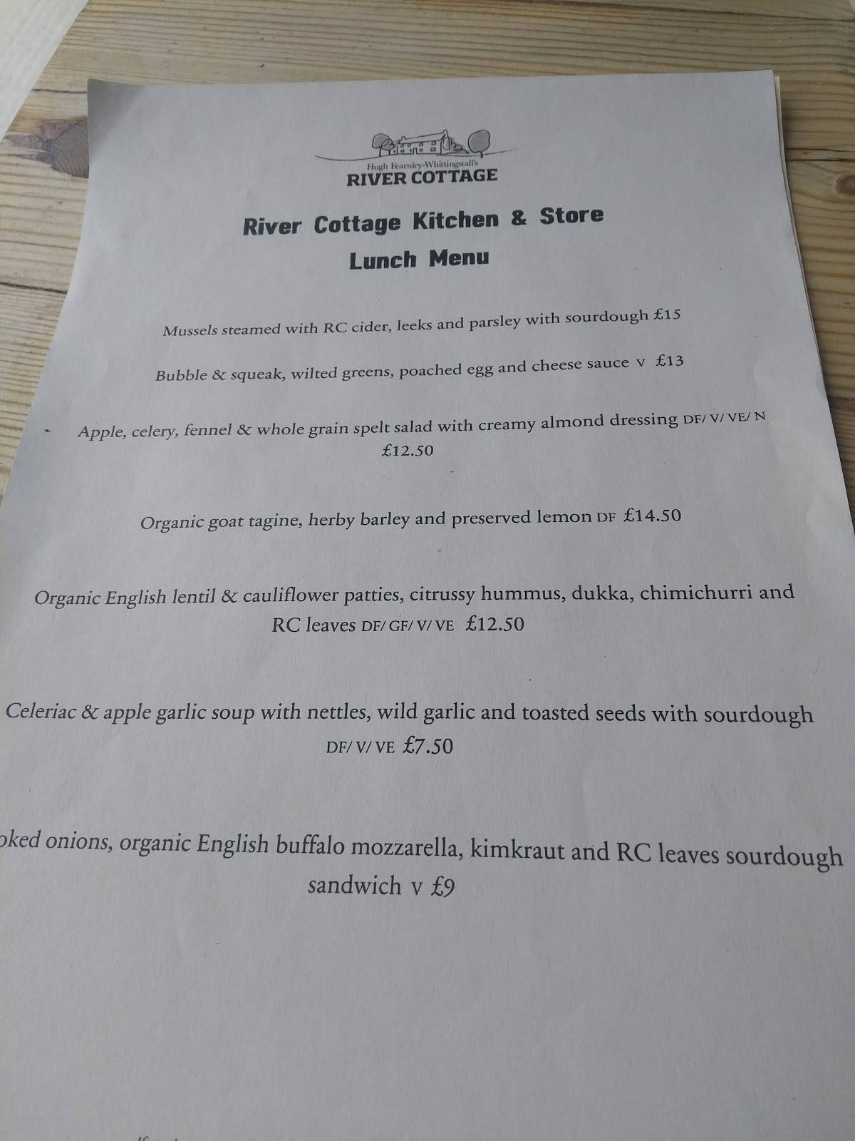 Menu at River Cottage restaurant, Axminster