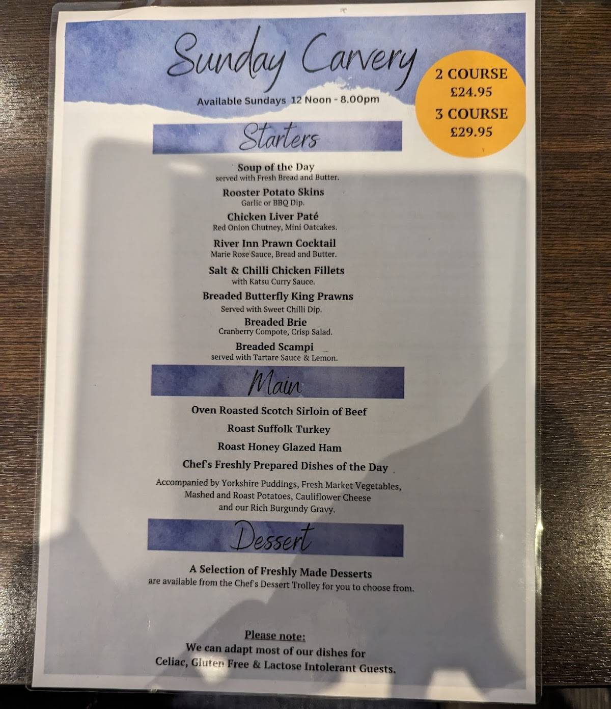 Menu at River Inn restaurant, Houston