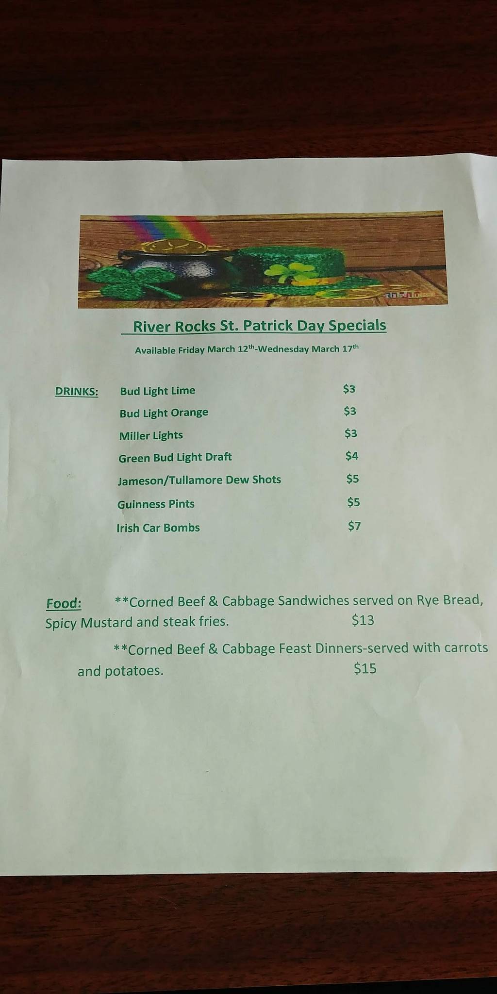 Menu at River Rock Tavern pub & bar, Derby