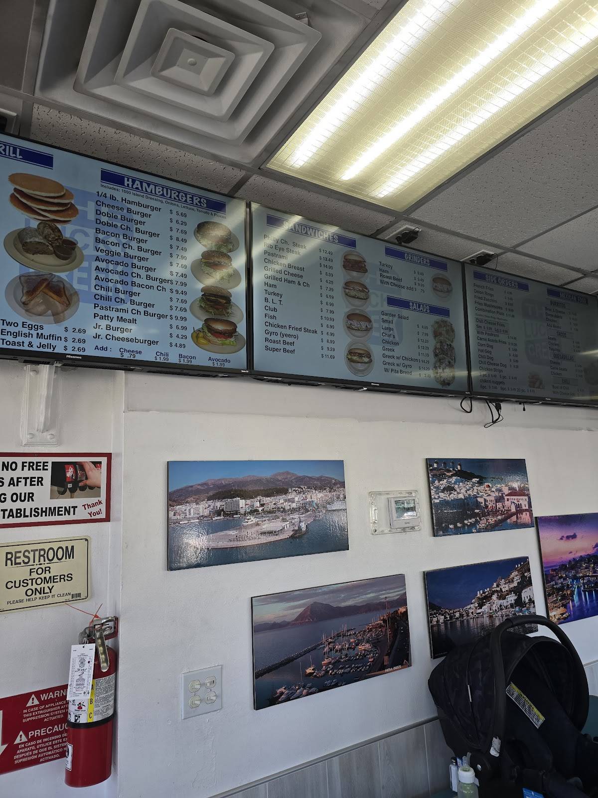 Menu at Lucky Greek fast food, Riverside, Merrill Ave