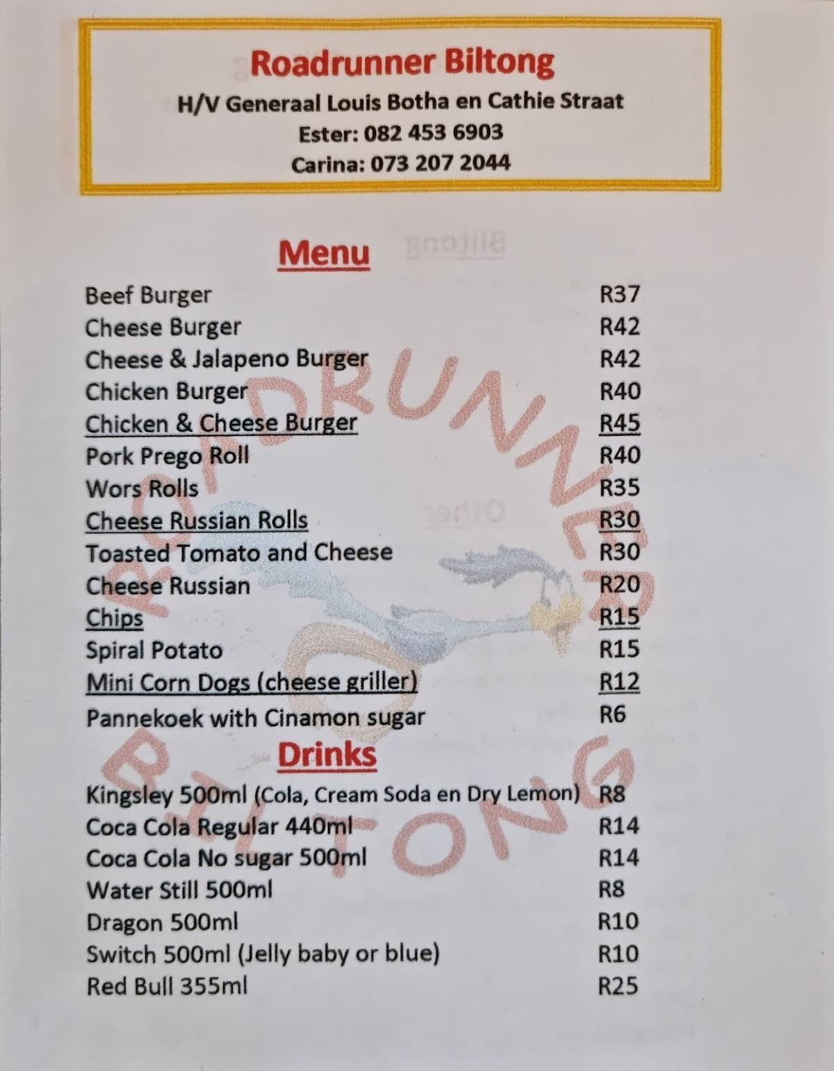 Menu au Road Runner Biltong, Bronkhorstspruit