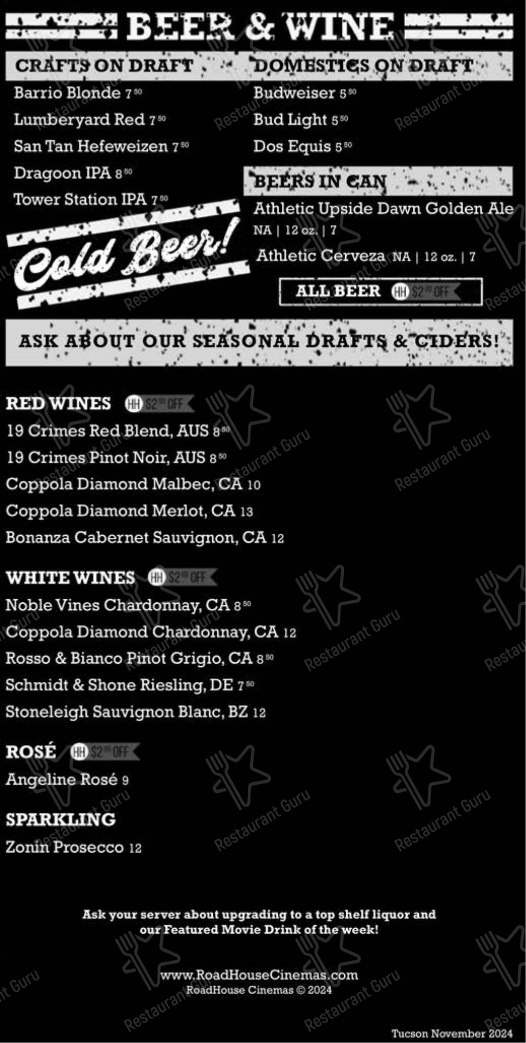 Menu at RoadHouse Cinemas pub & bar, Tucson