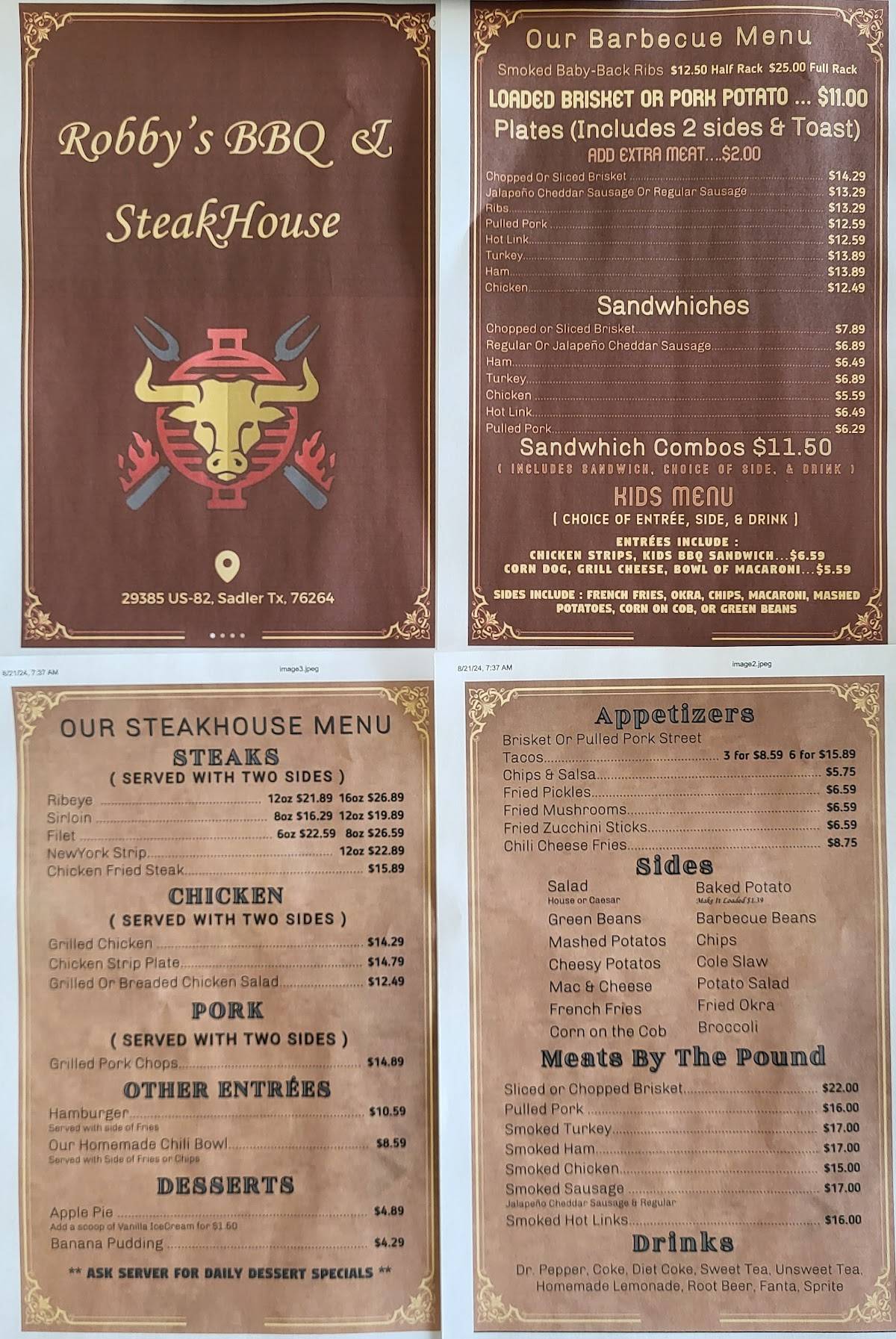 Menu at Robby's BBQ & Steakhouse, Sadler