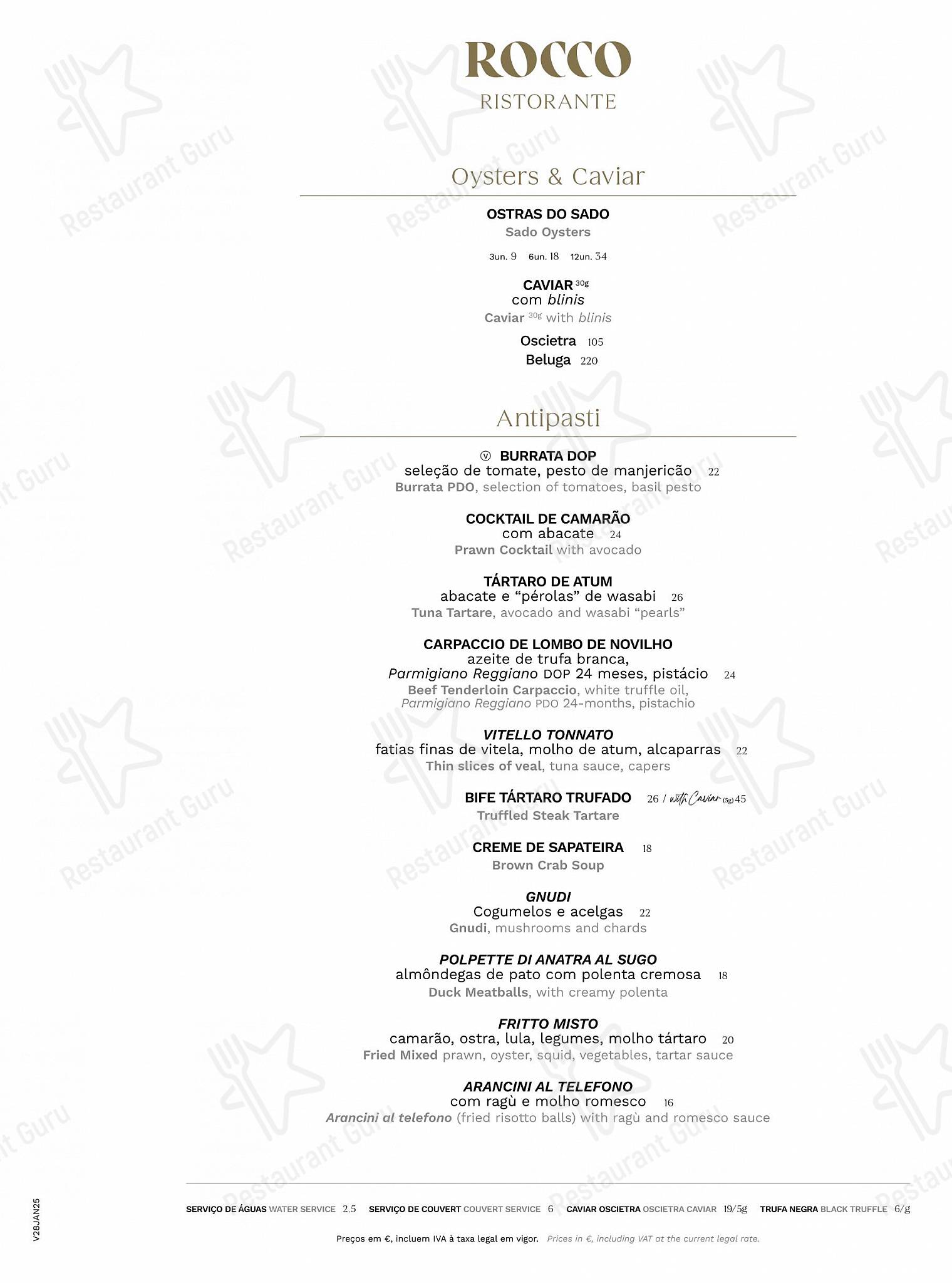 Menu em Rocco restaurante, Lisboa