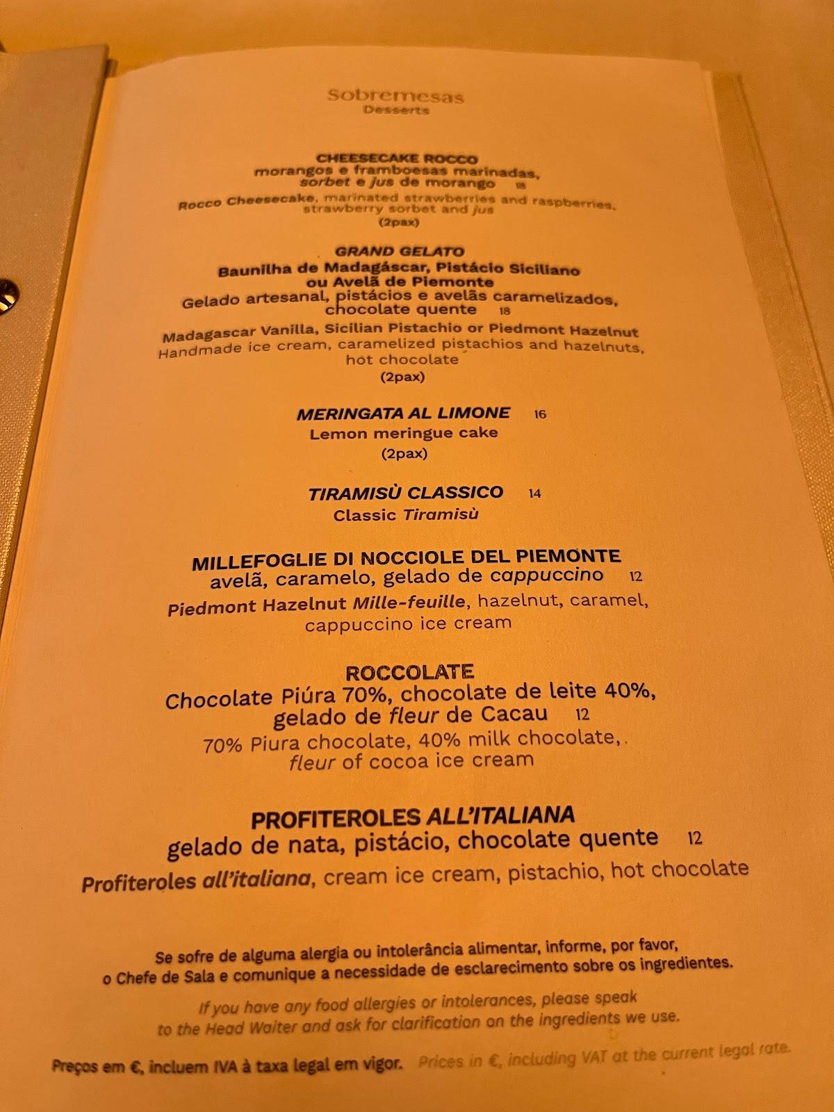 Menu at Rocco restaurant, Lisbon