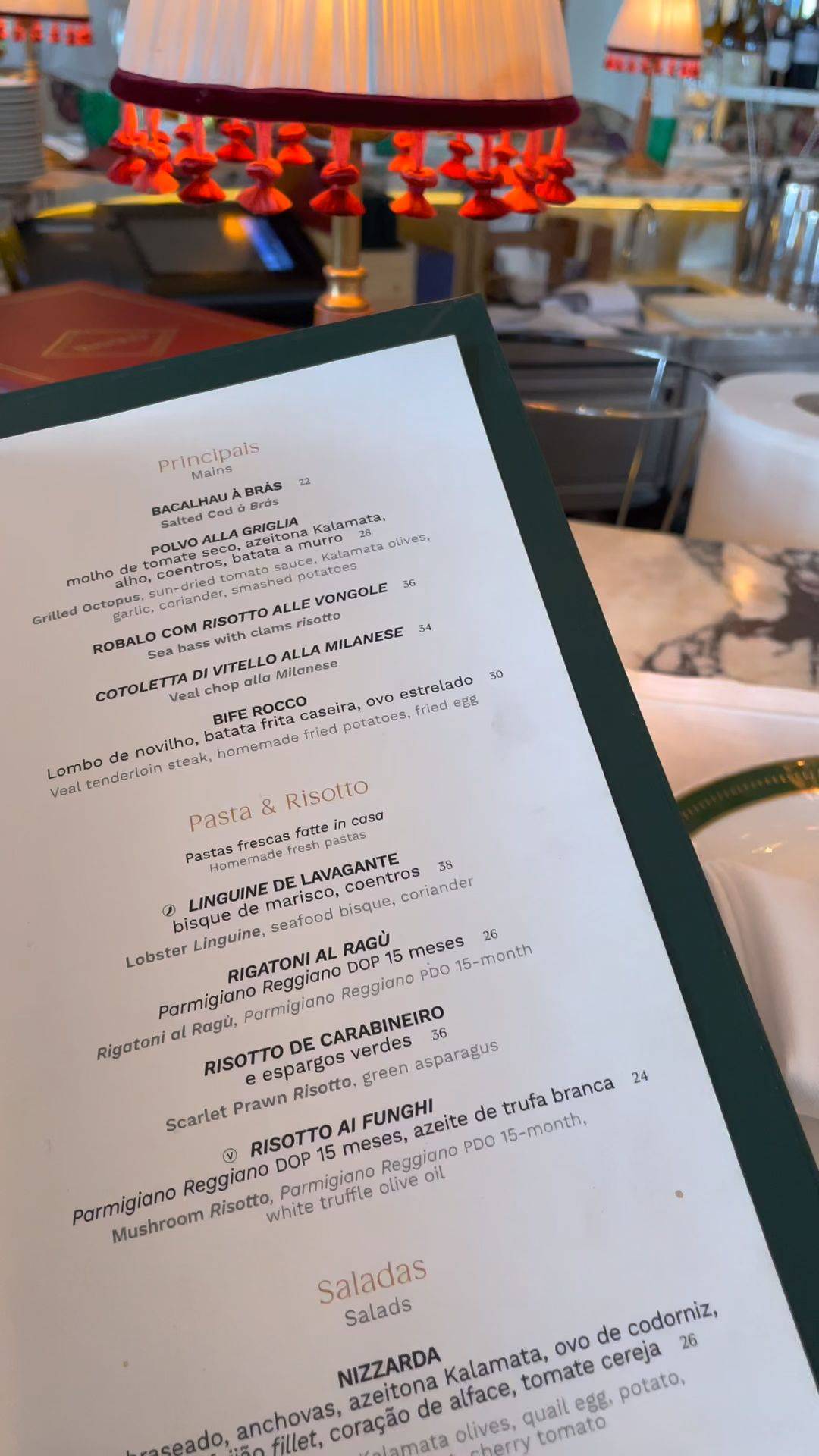 Menu at Rocco restaurant, Lisbon