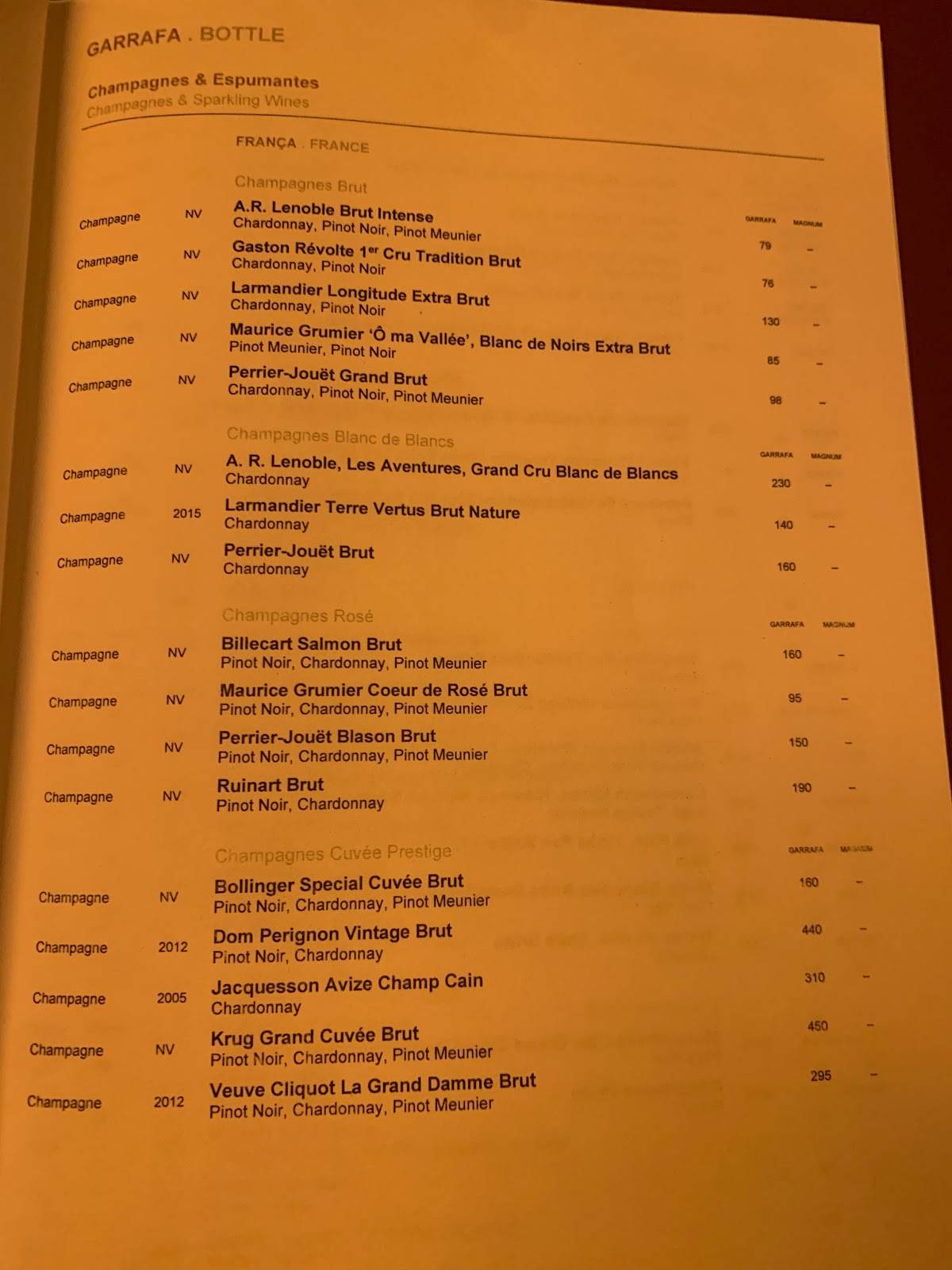 Menu at Rocco restaurant, Lisbon