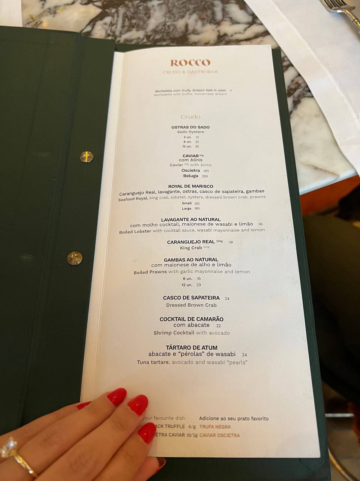 Menu at Rocco restaurant, Lisbon