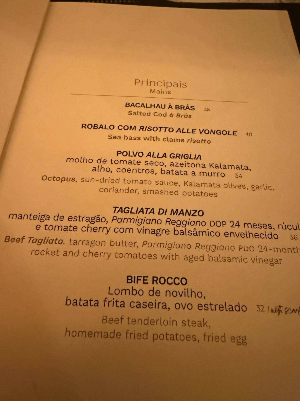 Menu em Rocco restaurante, Lisboa