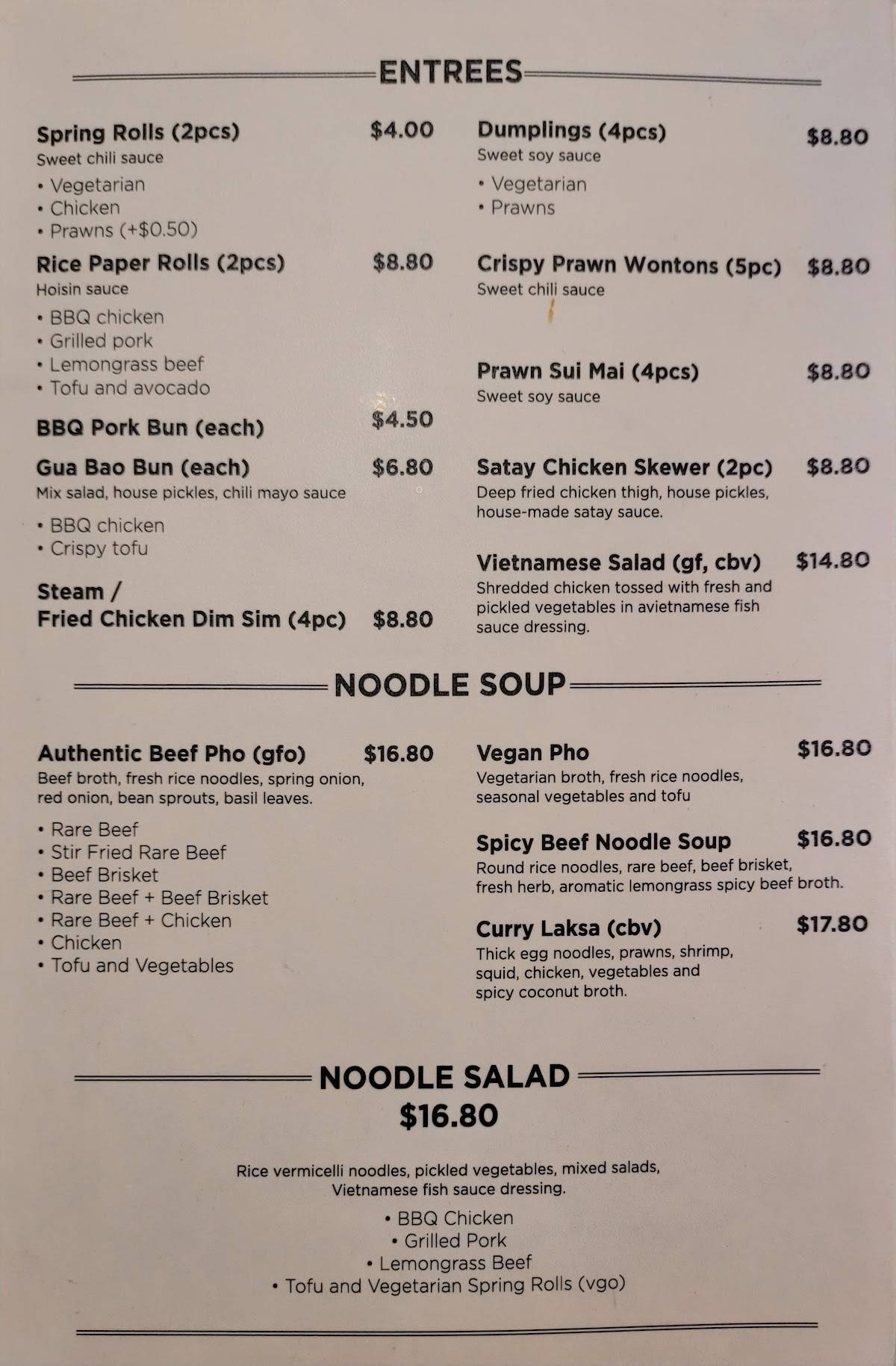 Menu at Rock Pho restaurant, South Yarra