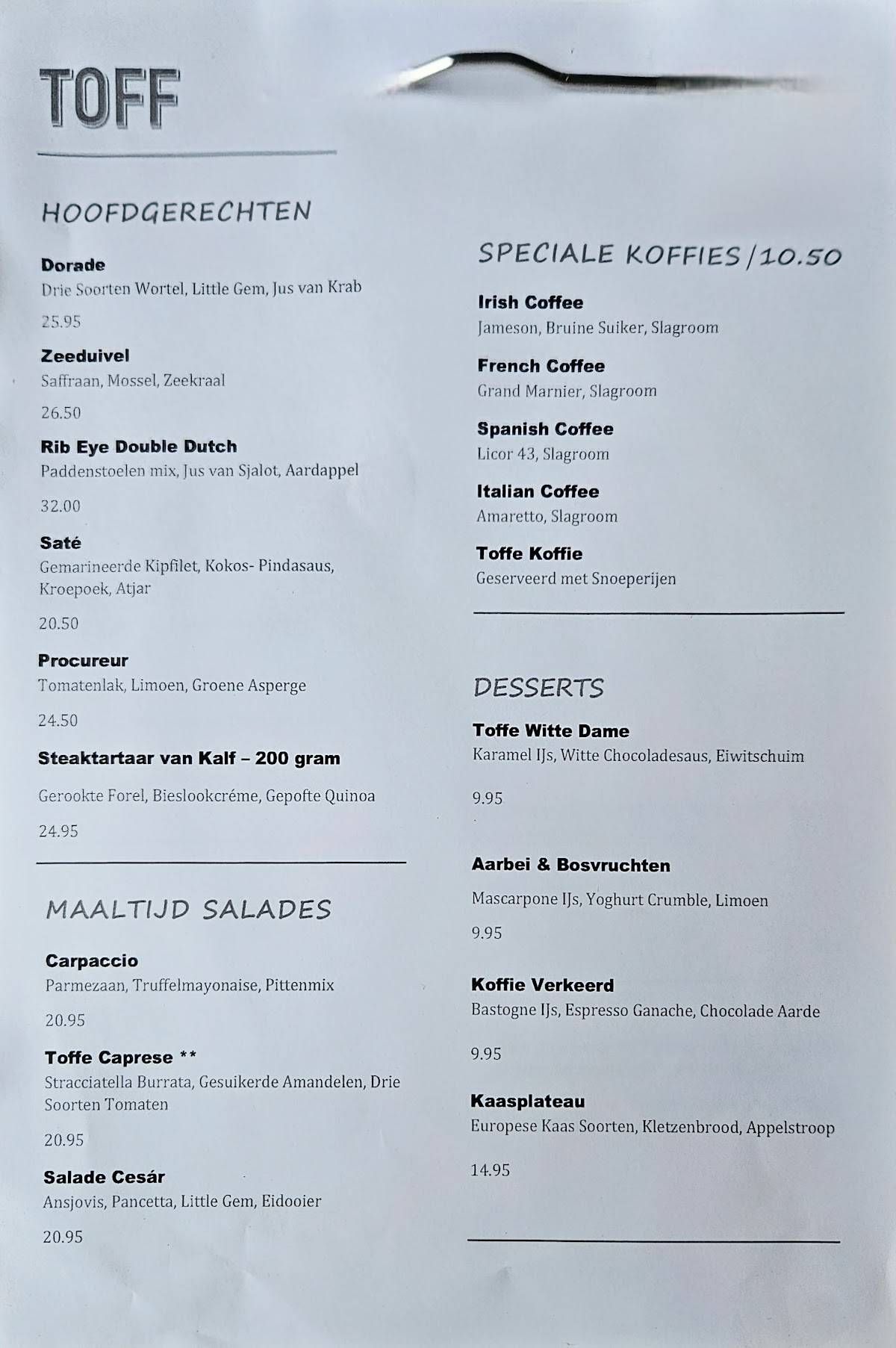 Menu at Toff, eten en drinken, Roermond
